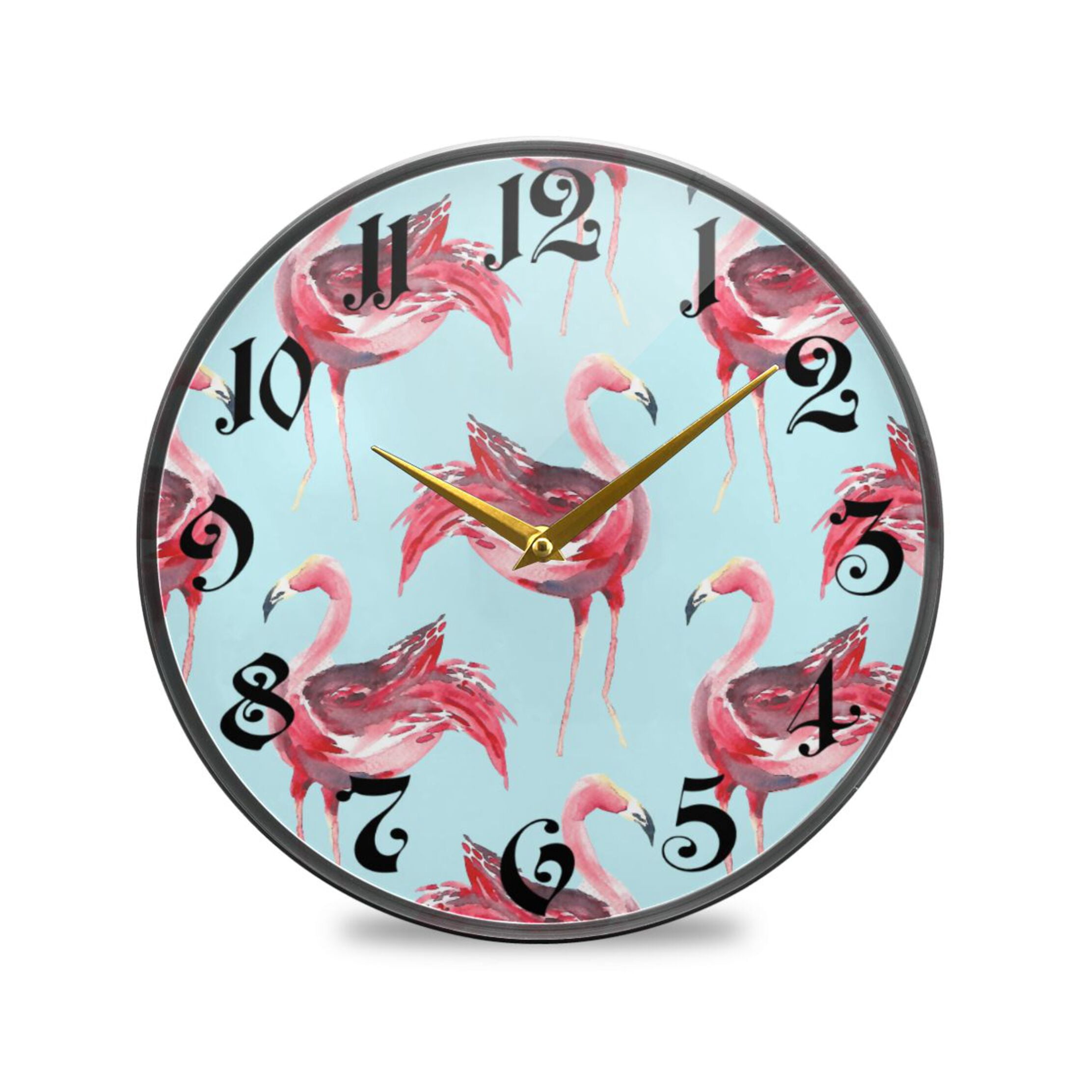 9.5" Round Silent Wall Clocks Watercolor Pink Flamingo Acrylic Battery ...