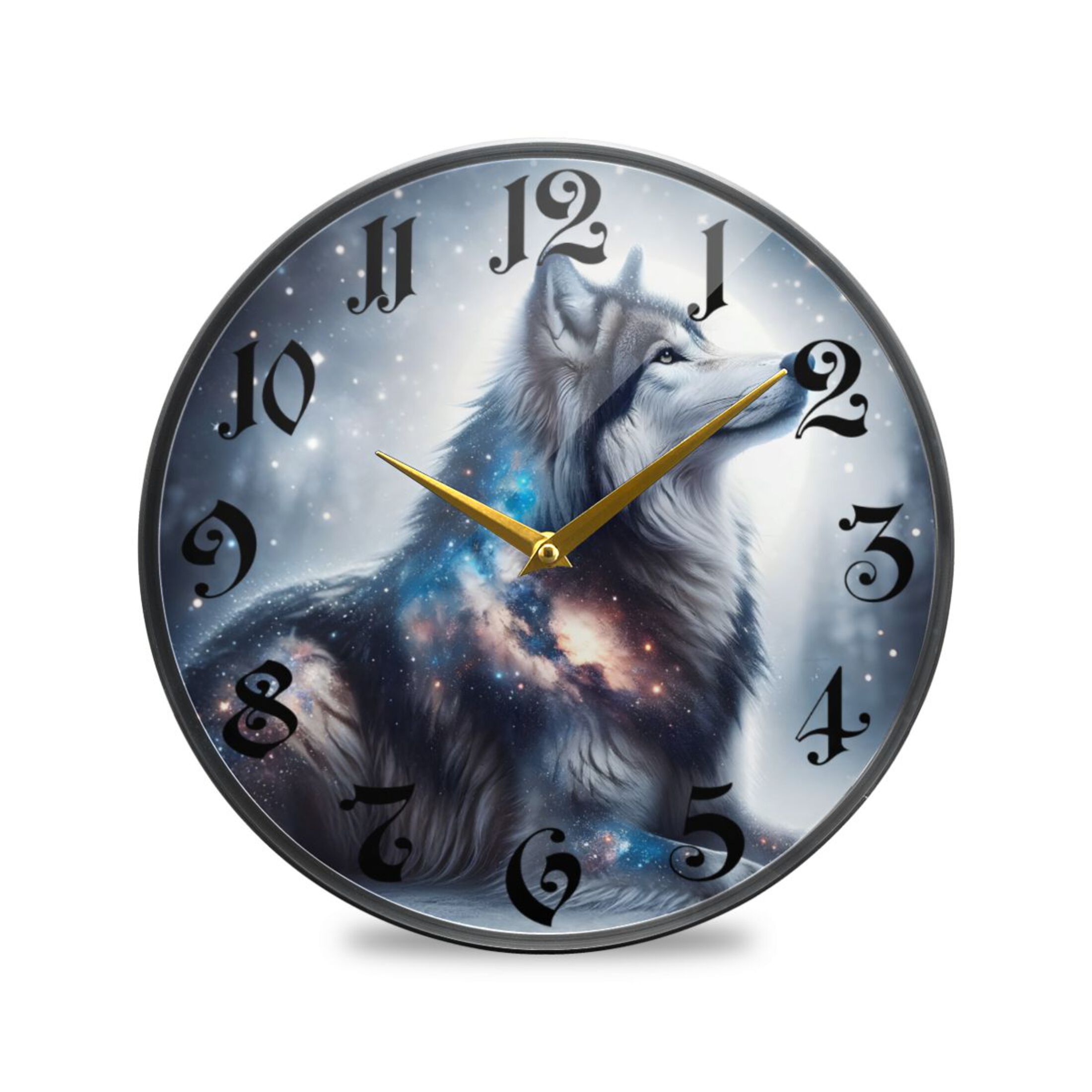 9.5" Round Silent Wall Clocks Wolf in Starry Sky Acrylic Battery ...
