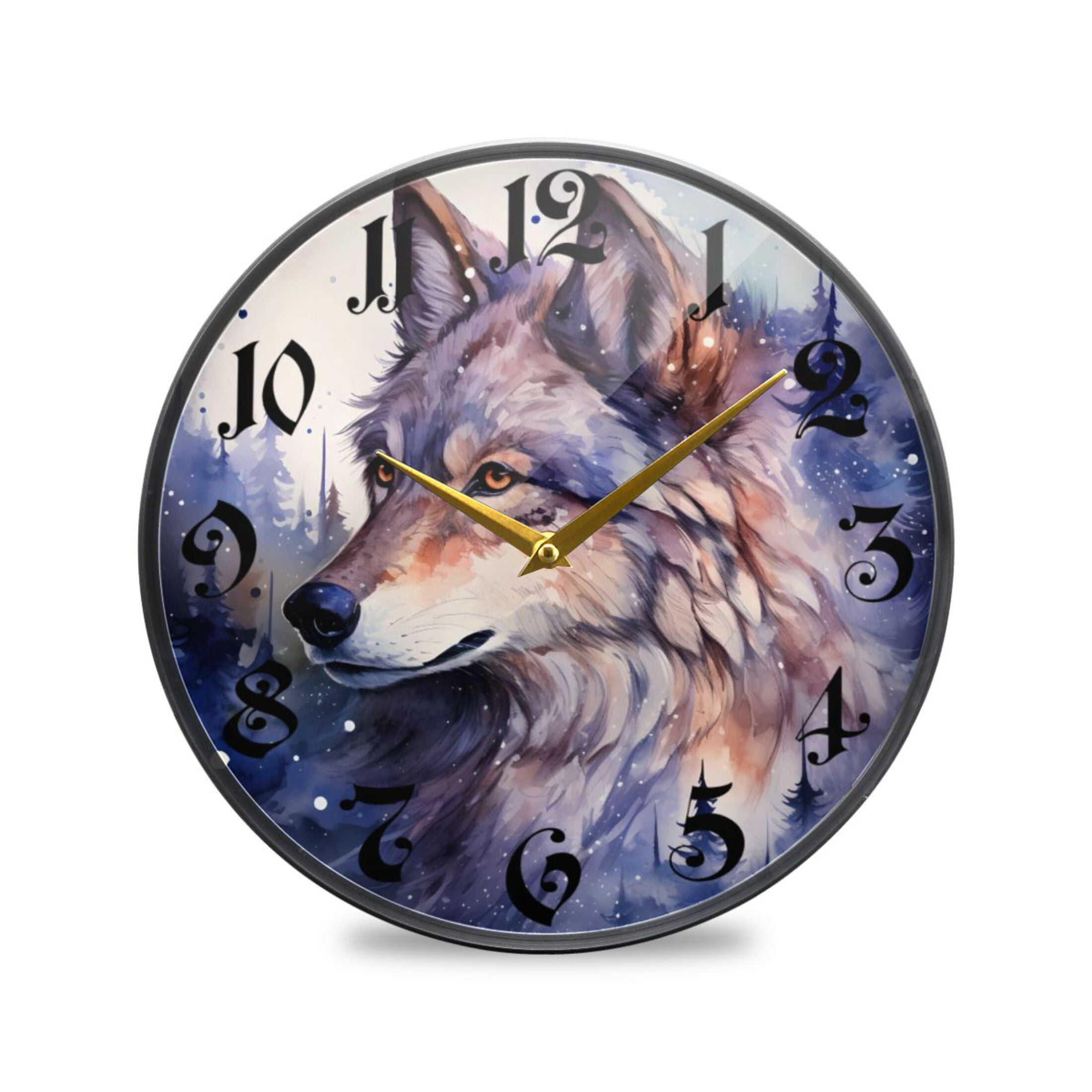 9.5" Round Silent Wall Clocks Wolf with Forest Acrylic Battery Operated ...