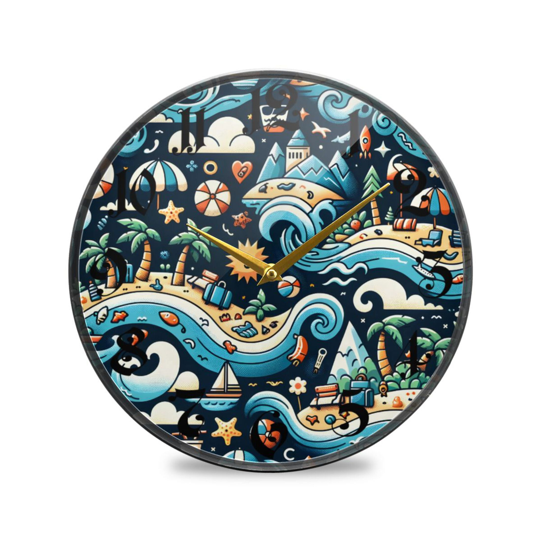 9.5" Round Silent Wall Clocks Wrapping on Ocean Blue Acrylic Battery ...