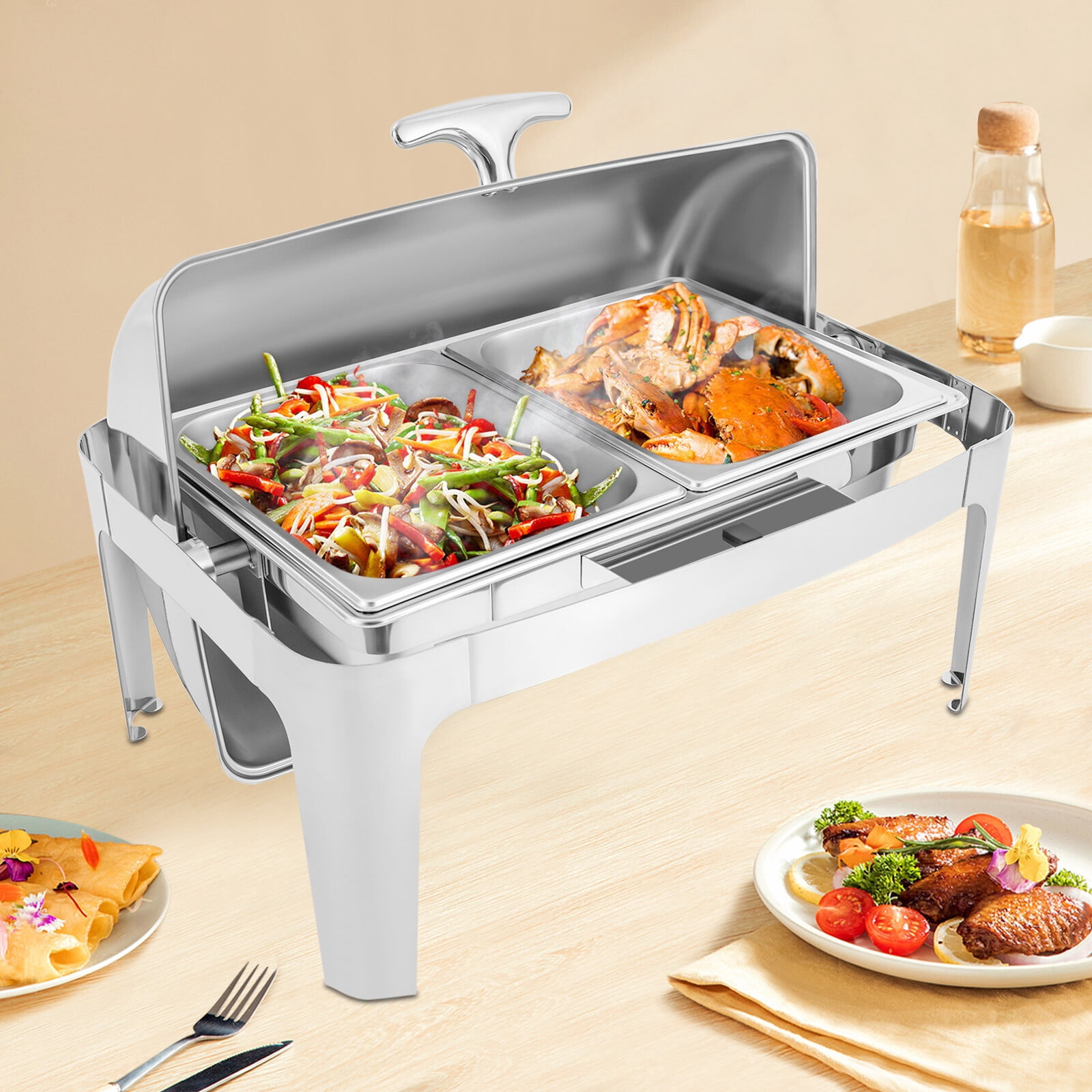 9.54QT Stainless Steel 2 Pans Buffet Chafing Dish Set Roll Top Food ...