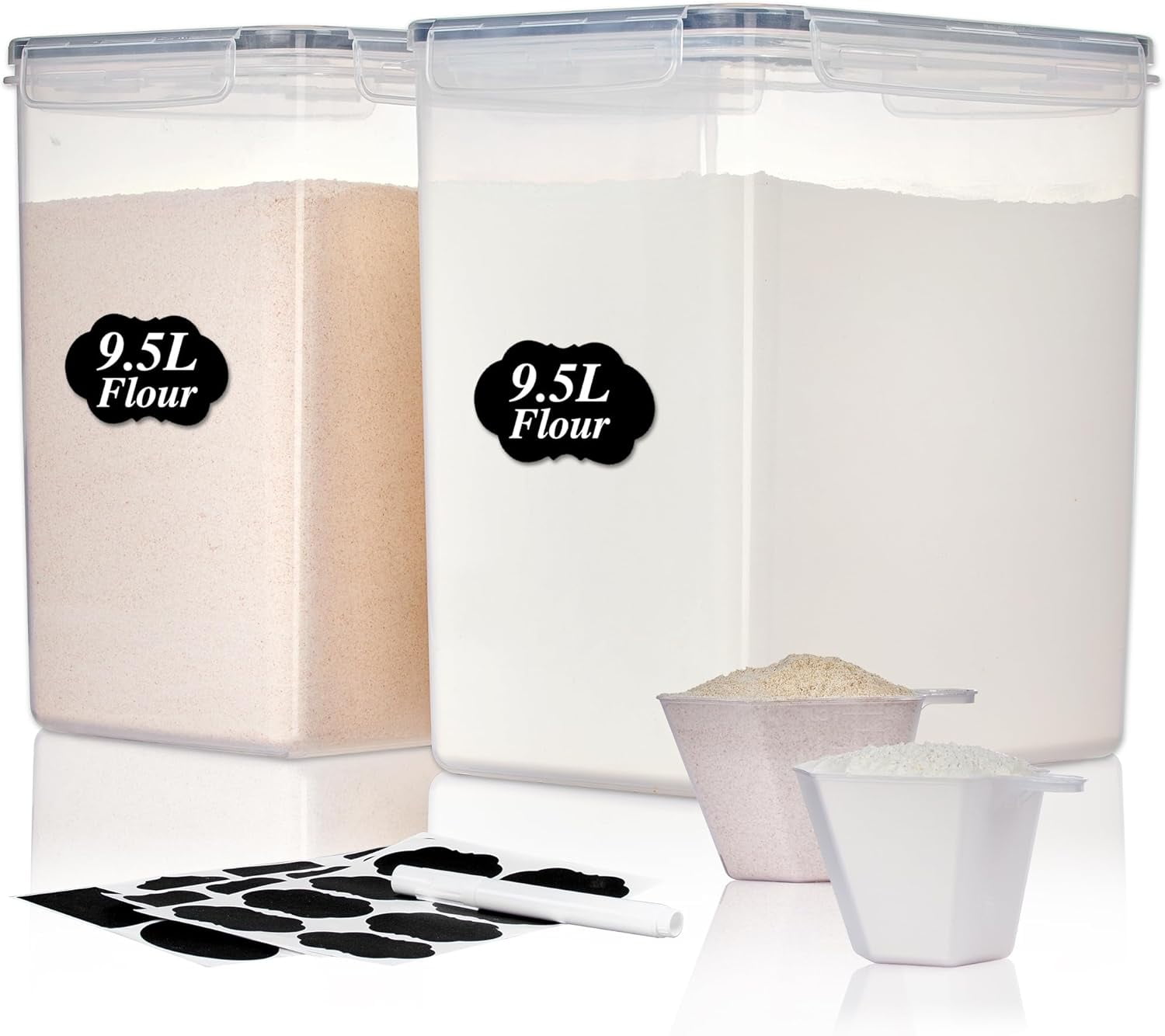 9.5L 2 Pack Extra Large Flour Sugar Storage Containers for 25lbs flour, Airtight Kitchen Pantry ...