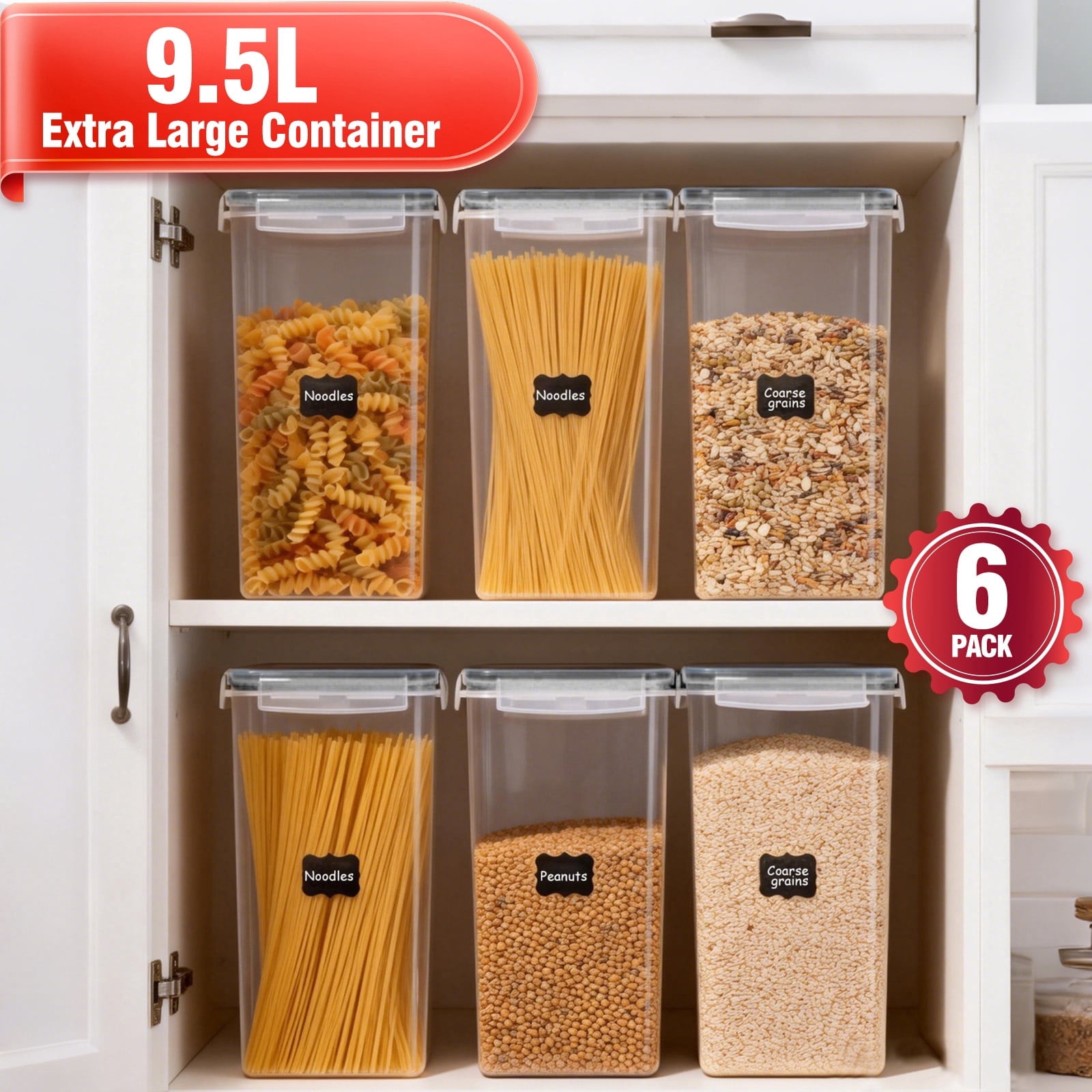 9.5L (6-Pack) Glass Grain Storage Containers with Airtight Lids, 6 ...