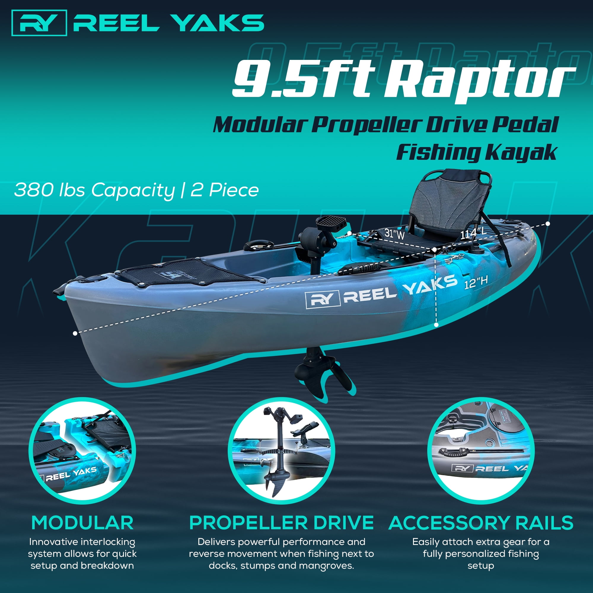 9.5ft Raptor Modular Propeller Drive Pedal Fishing Kayak | 380lbs ...
