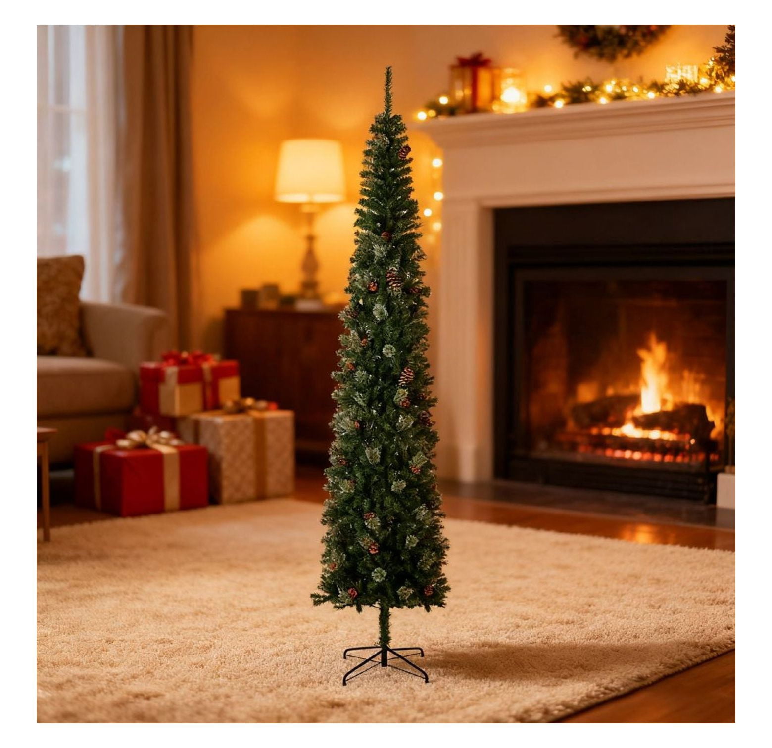 9.5ft Slim Pencil Christmas Tree, Unlit Xmas Tree with Pine Cones ...