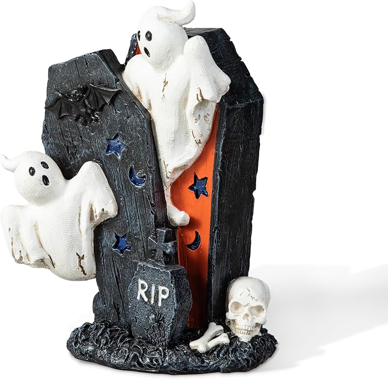 9.75'H Halloween Ghost Gravestone Figurine, Resin Ghost Skeleton Table ...
