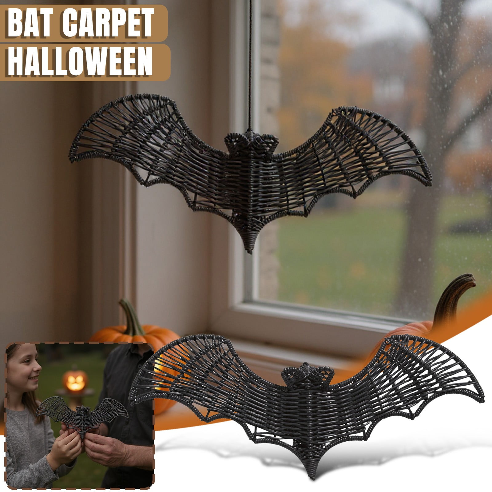 9.8"*5.5" Halloween Hanging Large Black Paper Rope and Metal Bat ...