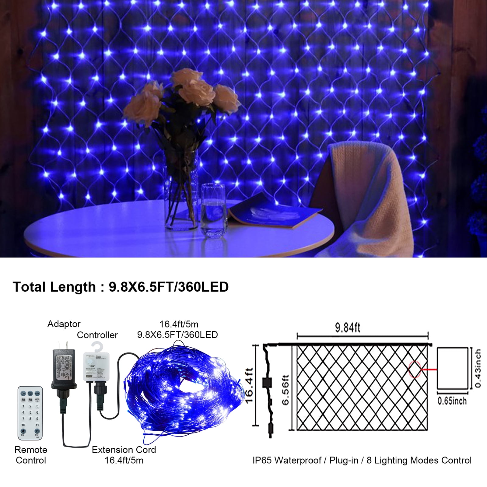 9.8*6.5FT 360 LED Christmas Mesh Net Light with Remote Control, 8 Modes ...