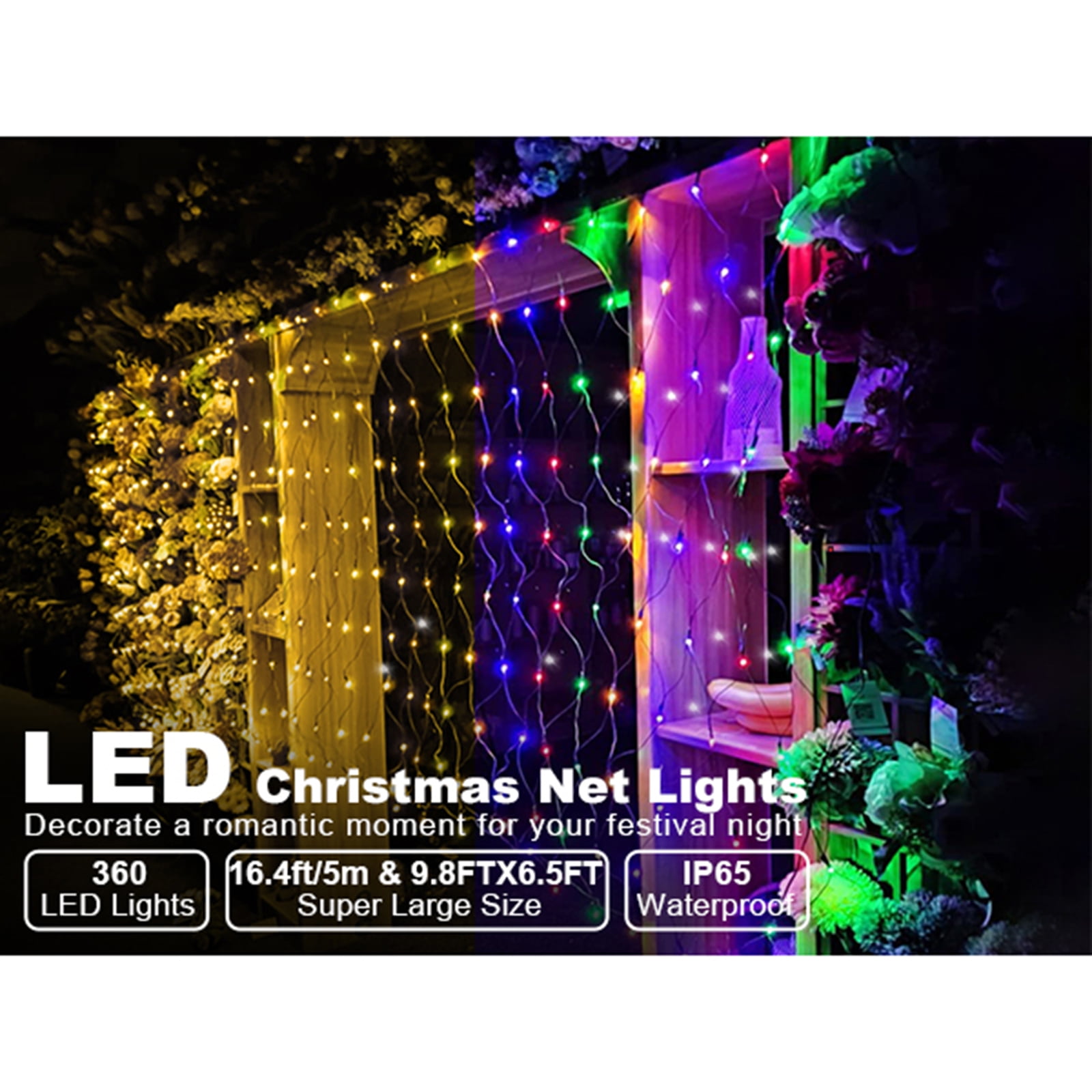 9.8*6.5FT Christmas Mesh Net Light,360 LED Net Light with 8 Modes ...