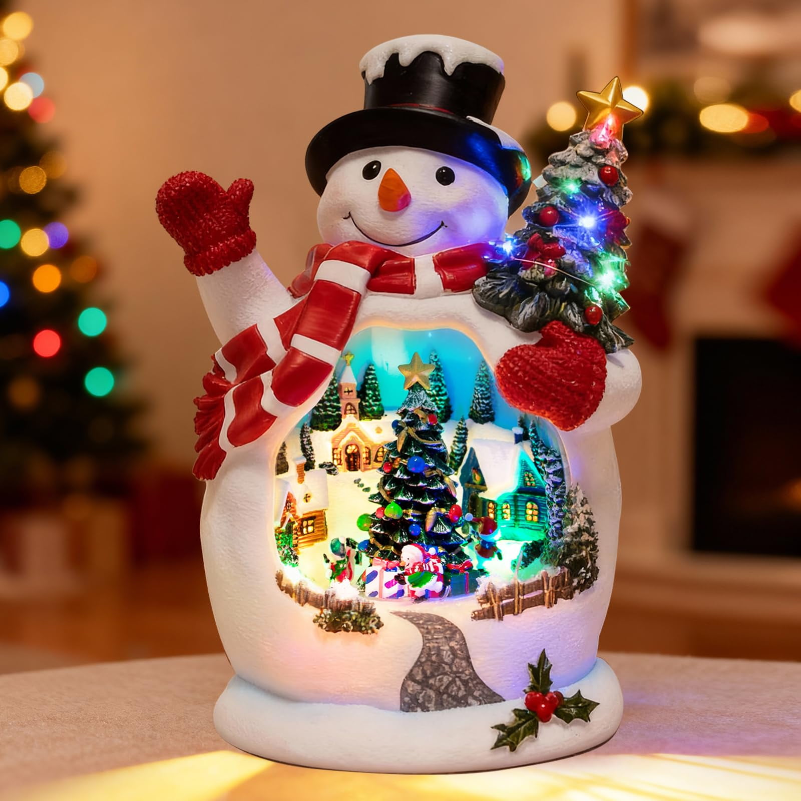 9.8" Animated Snowman Christmas Village Sence with Rotating Skiing ...