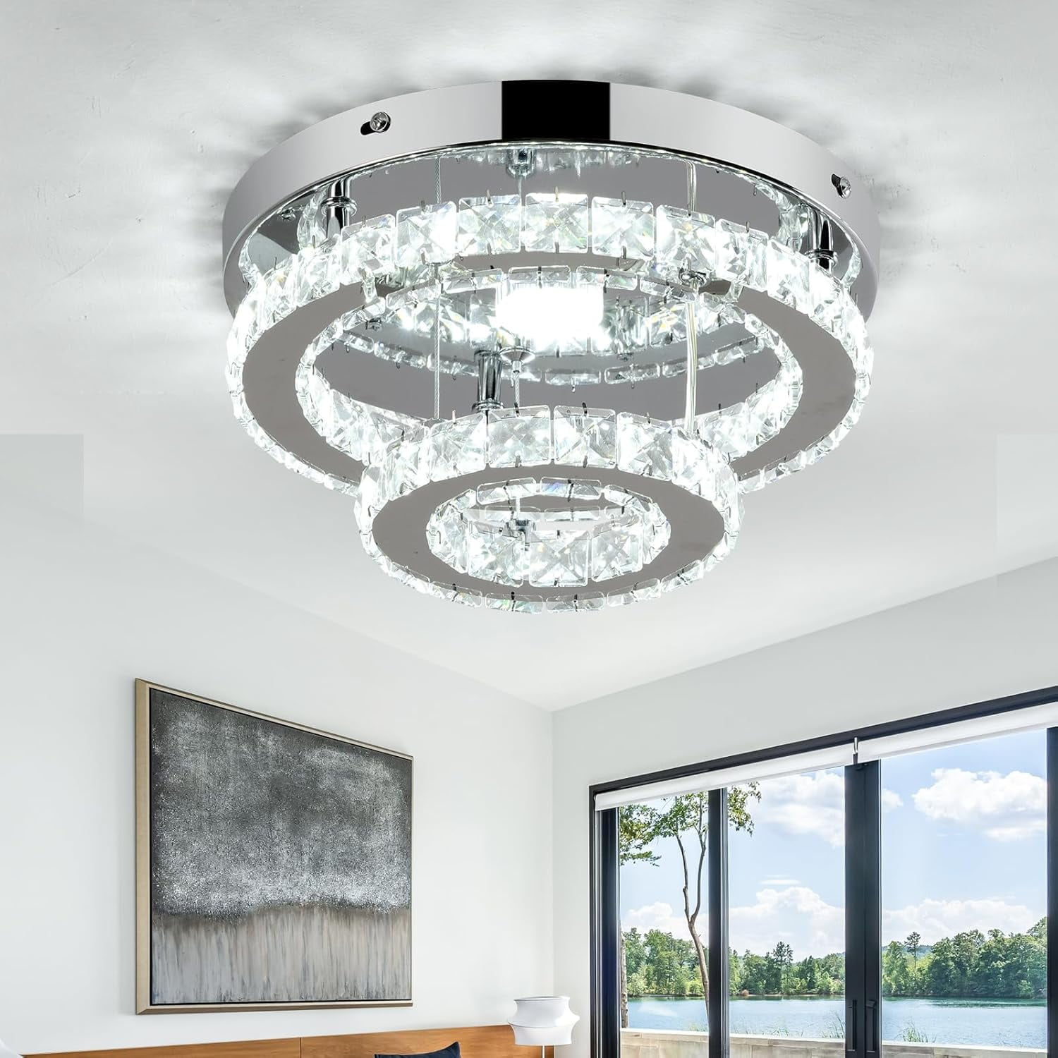 9.8 Inch Mini Chandelier Light Fixture Round LED Crystal Ceiling Light Flush Mount Crystal ...