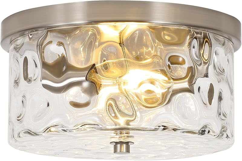 9.8" Small Flush Mount Ceiling Light With Clear Hammered Glass, Brushed ...