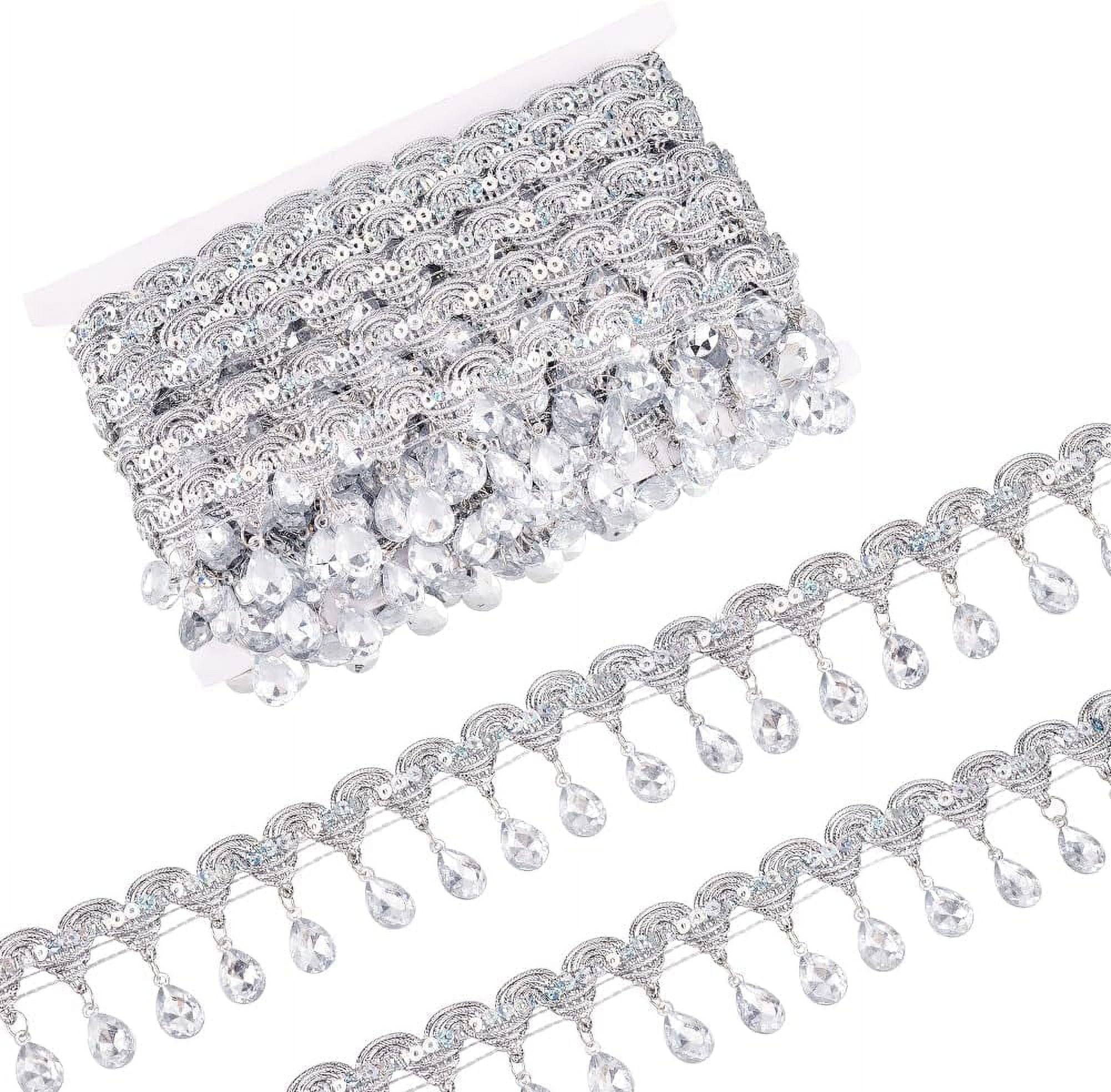 9.8 Yard 48.5mm Silver Metallic Scroll Braid Trim with Sequins & Clear ...