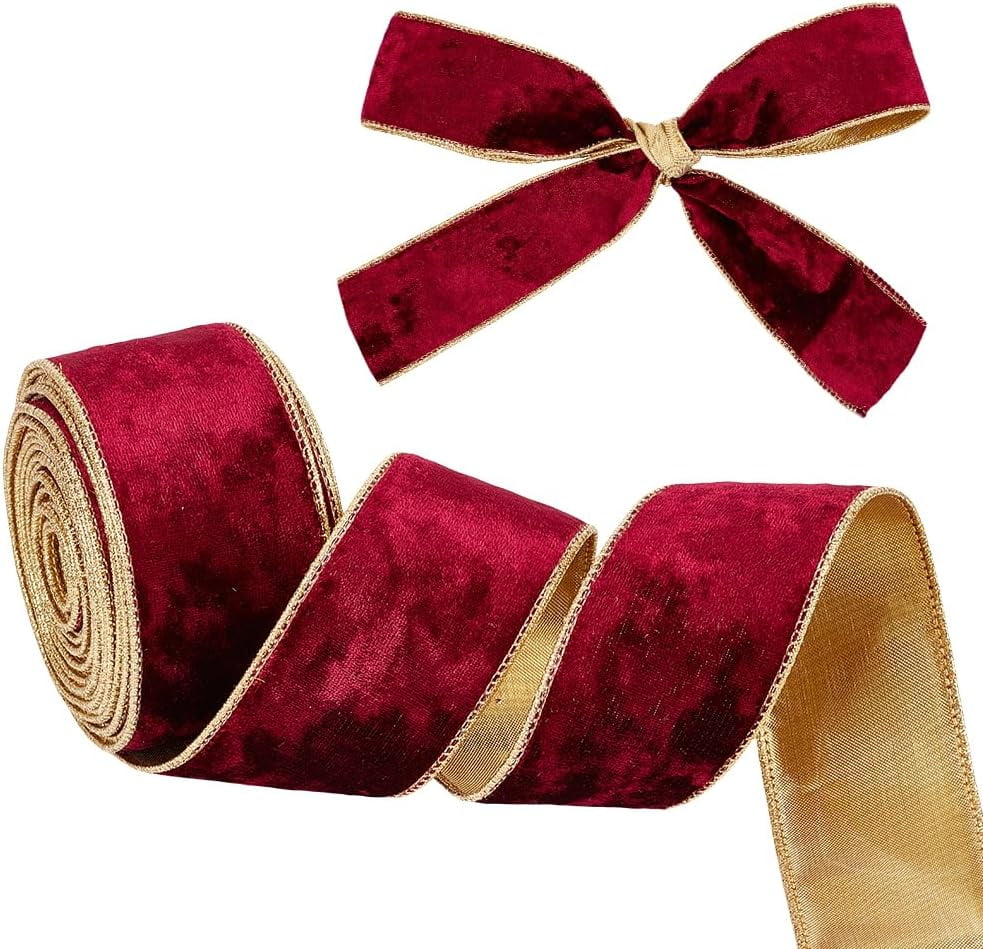 9.8 Yards Dark Red Velvet Wired Ribbon 2 inch Wide Velvet Ribbon Single Sided Velvet Fabric ...