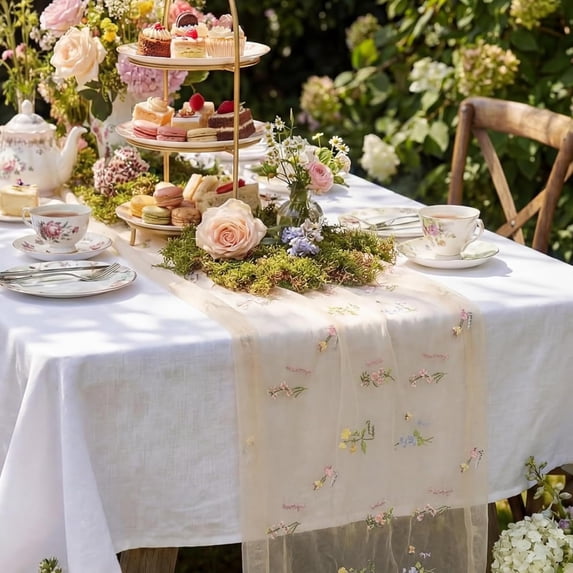 9.8 ft Floral Embroidered Table Runner Seasonal Home Decor Tulle Fabric ...