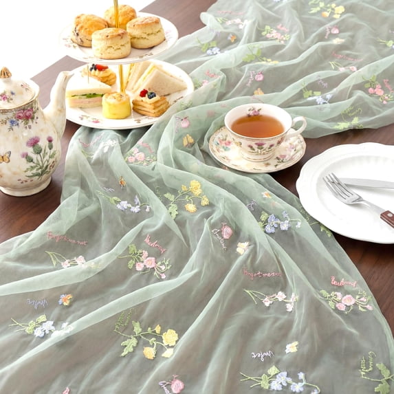 9.8 ft Floral Embroidered Table Runner Seasonal Home Decor Tulle Fabric ...