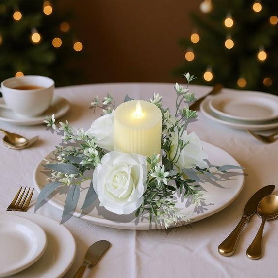 9.84" Artificial Rose Candle Ring Wreath, Faux Floral Wreaths with ...
