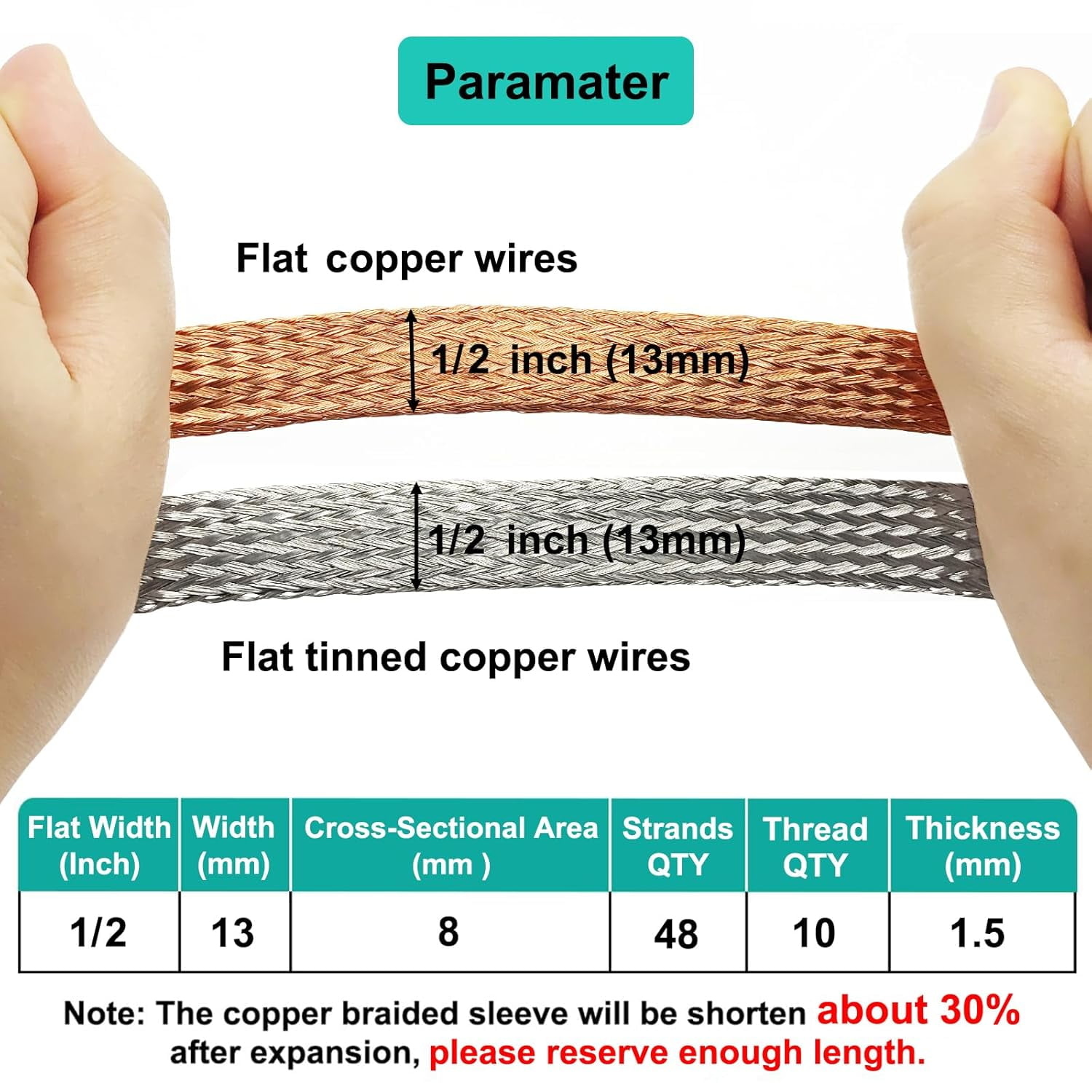 9.84ft Flat Tinned Copper Braided Ground Strap with Terminal Rings for ...