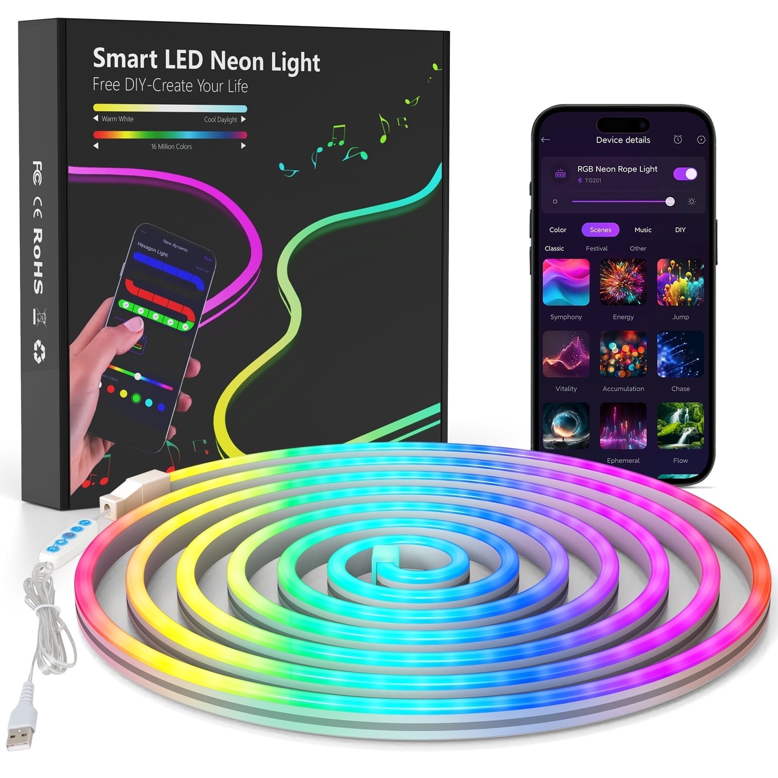 Cpeelsdo RGB LED Neon Rope Light Strip, APP Control, Music Sync, USB ...