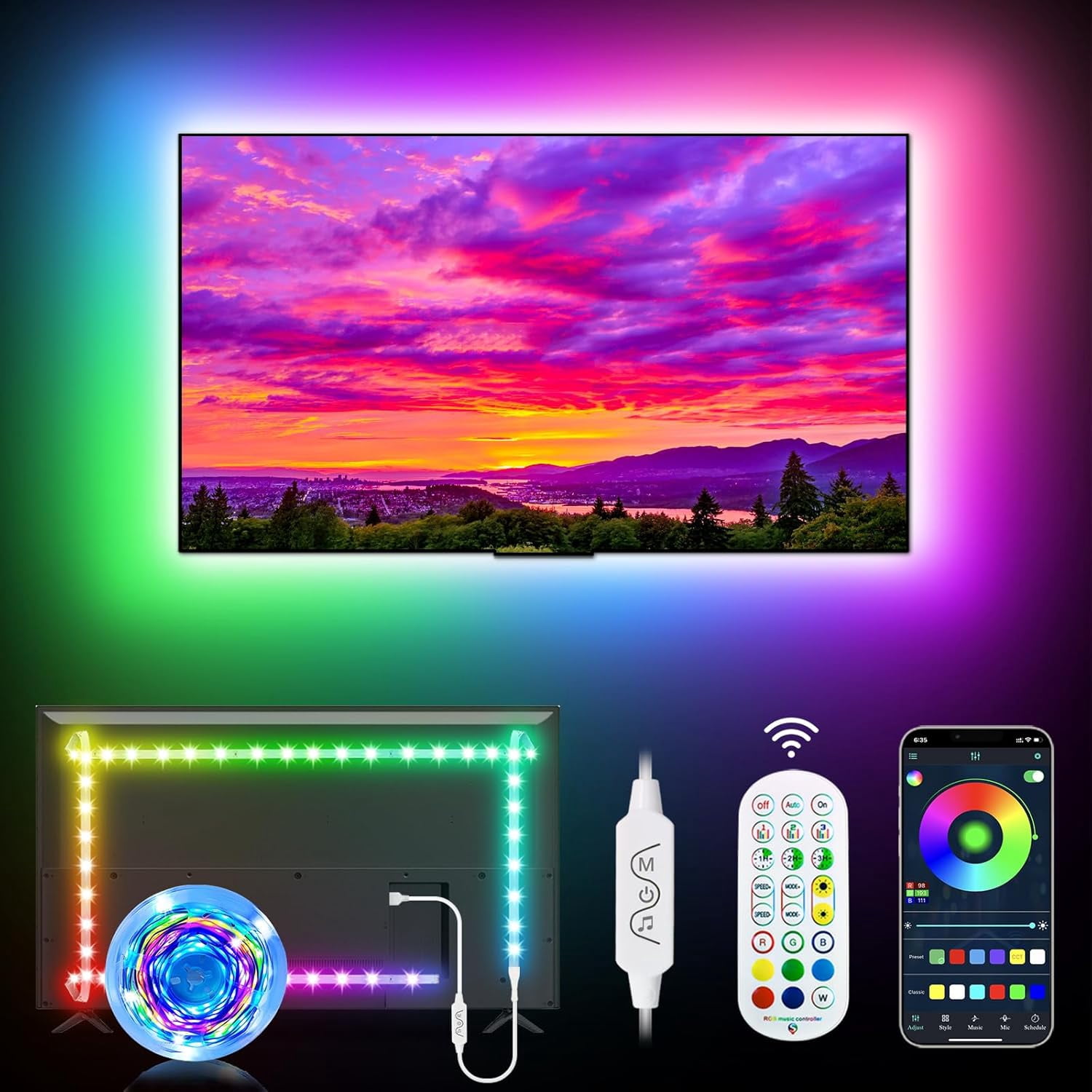 9.84ft Strip Lights for 32-43in TV, Dreamcolor Music Sync TV Backlight ...