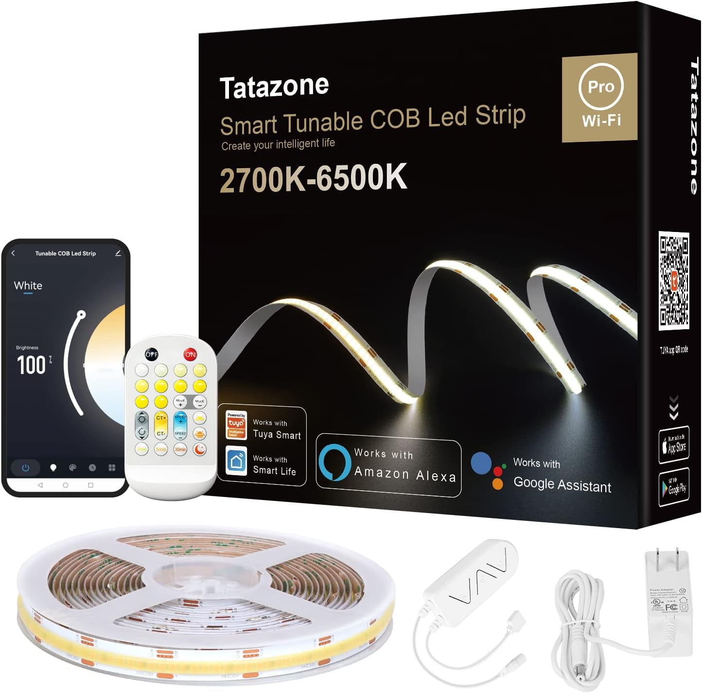 9.84ft Tunable White Smart COB Led Strip Light Kit, CCT 2700K-6500K ...