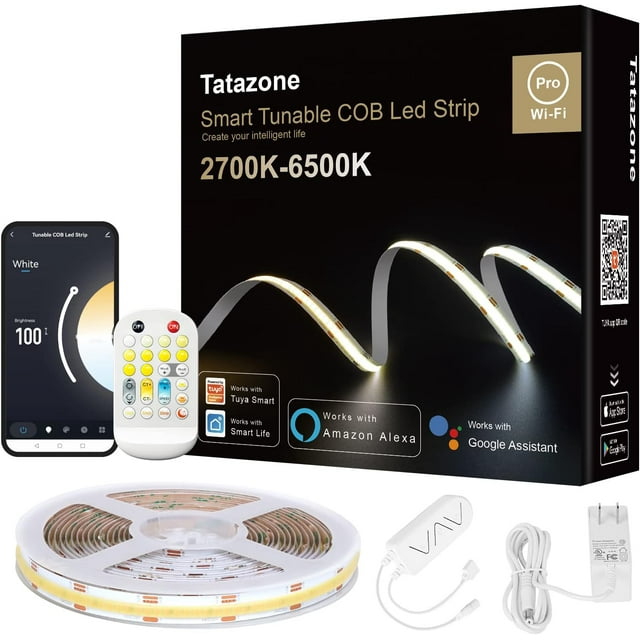 9.84ft Tunable White Smart COB Led Strip Light Kit, CCT 2700K-6500K ...