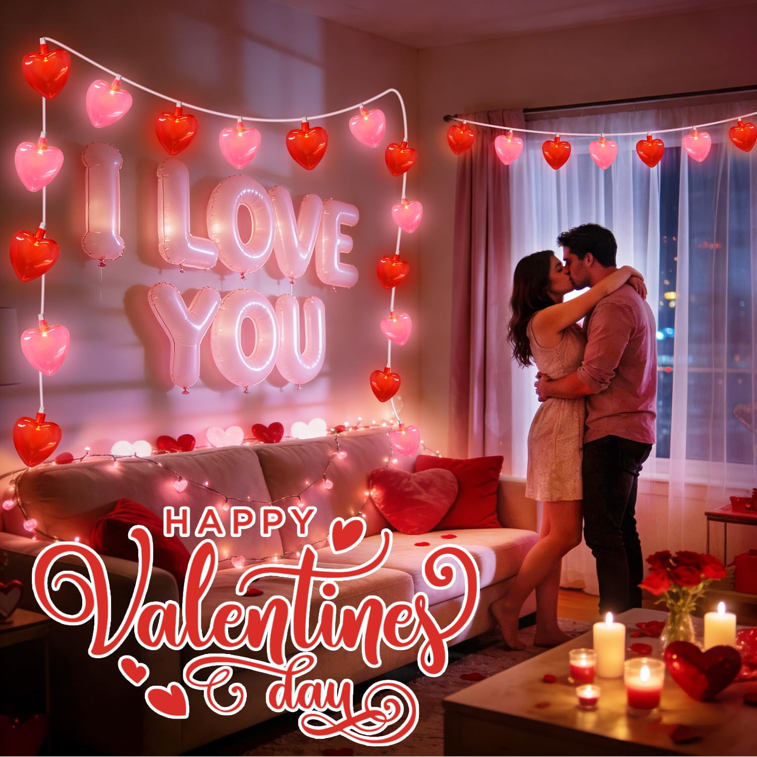 9.84ft Valentine Heart String Lights with 20 Pink and Red Heart Lights ...