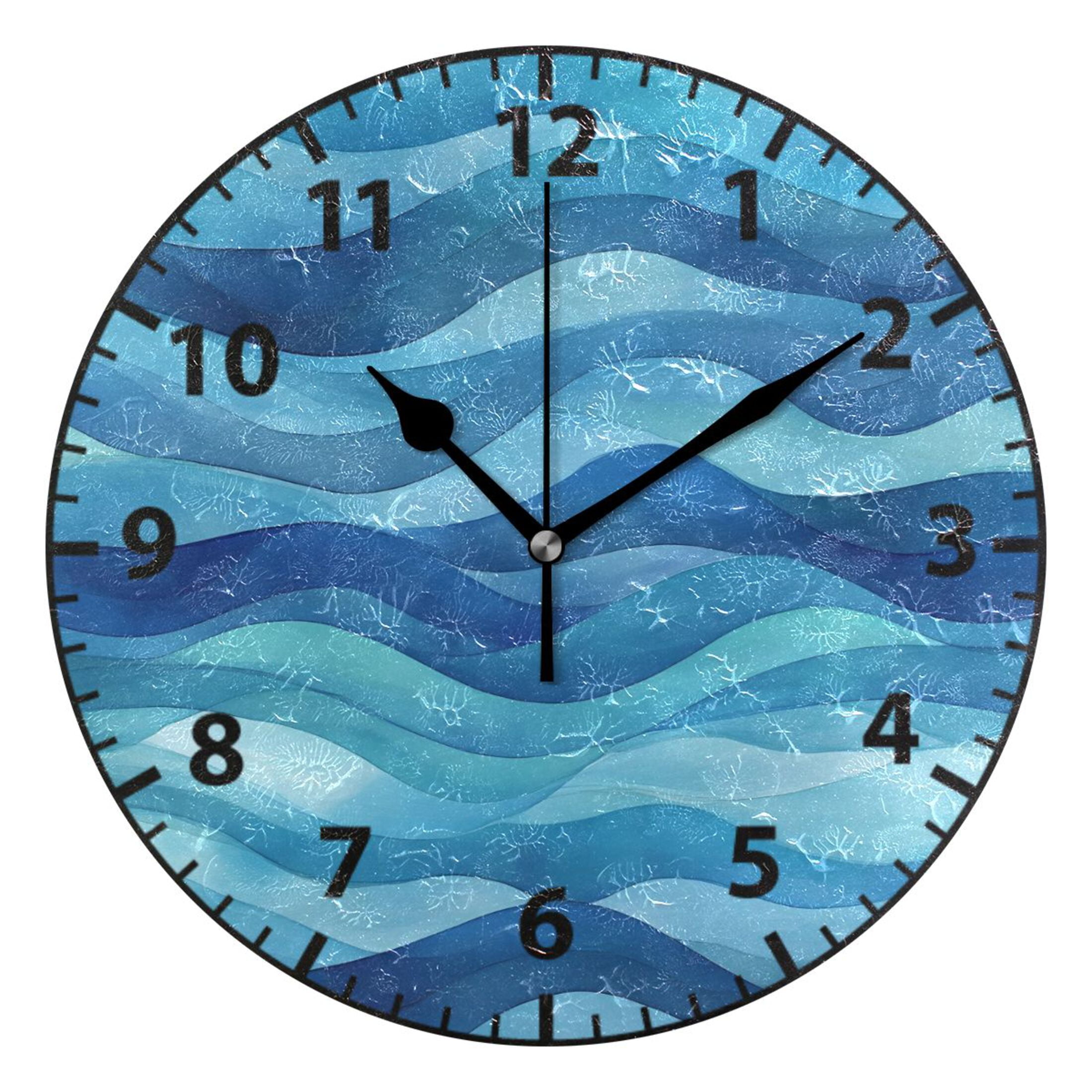 Blue Wavy Art Pattern Wall Clock Modern Small Clock Gold Hands for ...