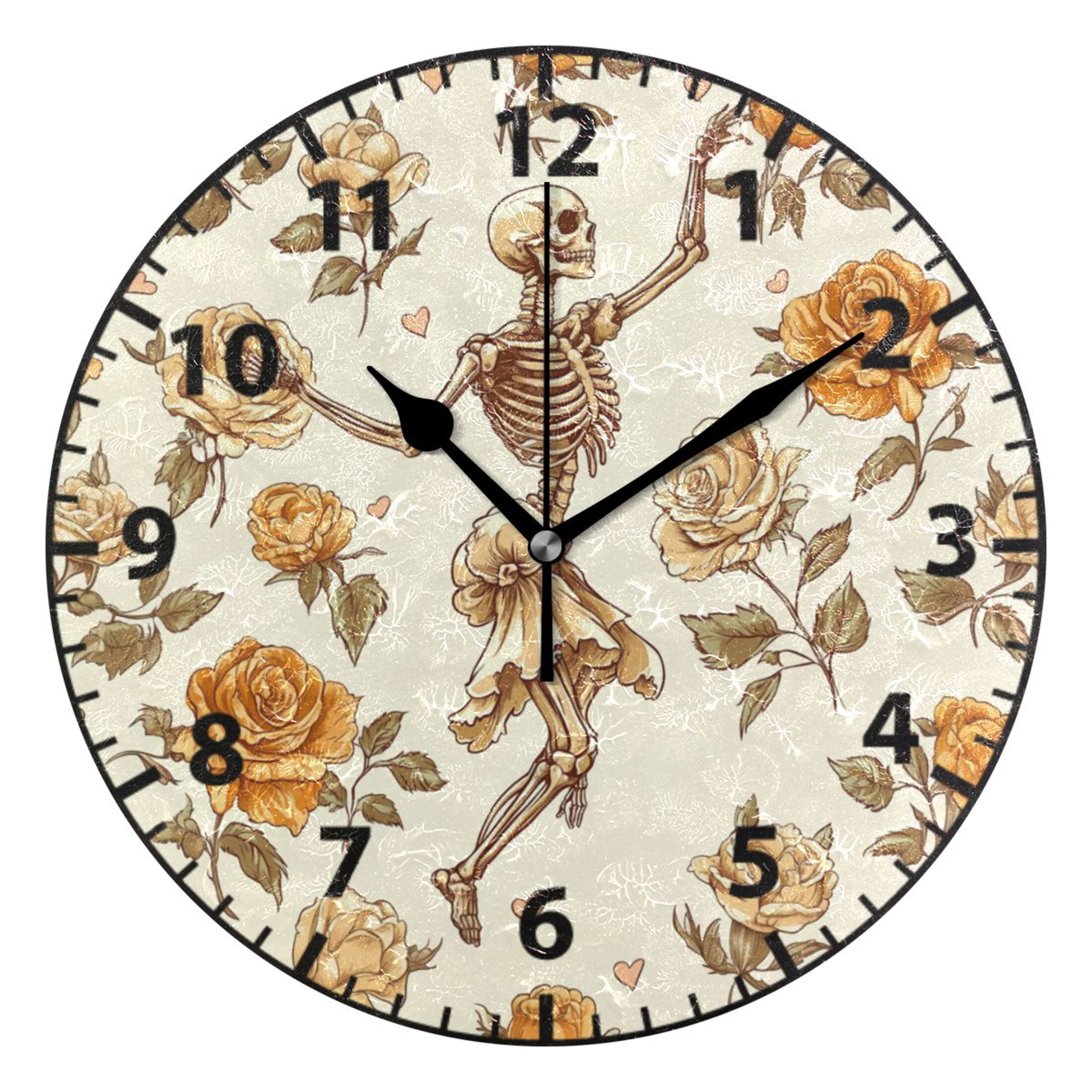 Flowers and Skulls Wall Clock Modern Small Clock Black Hands for Office ...