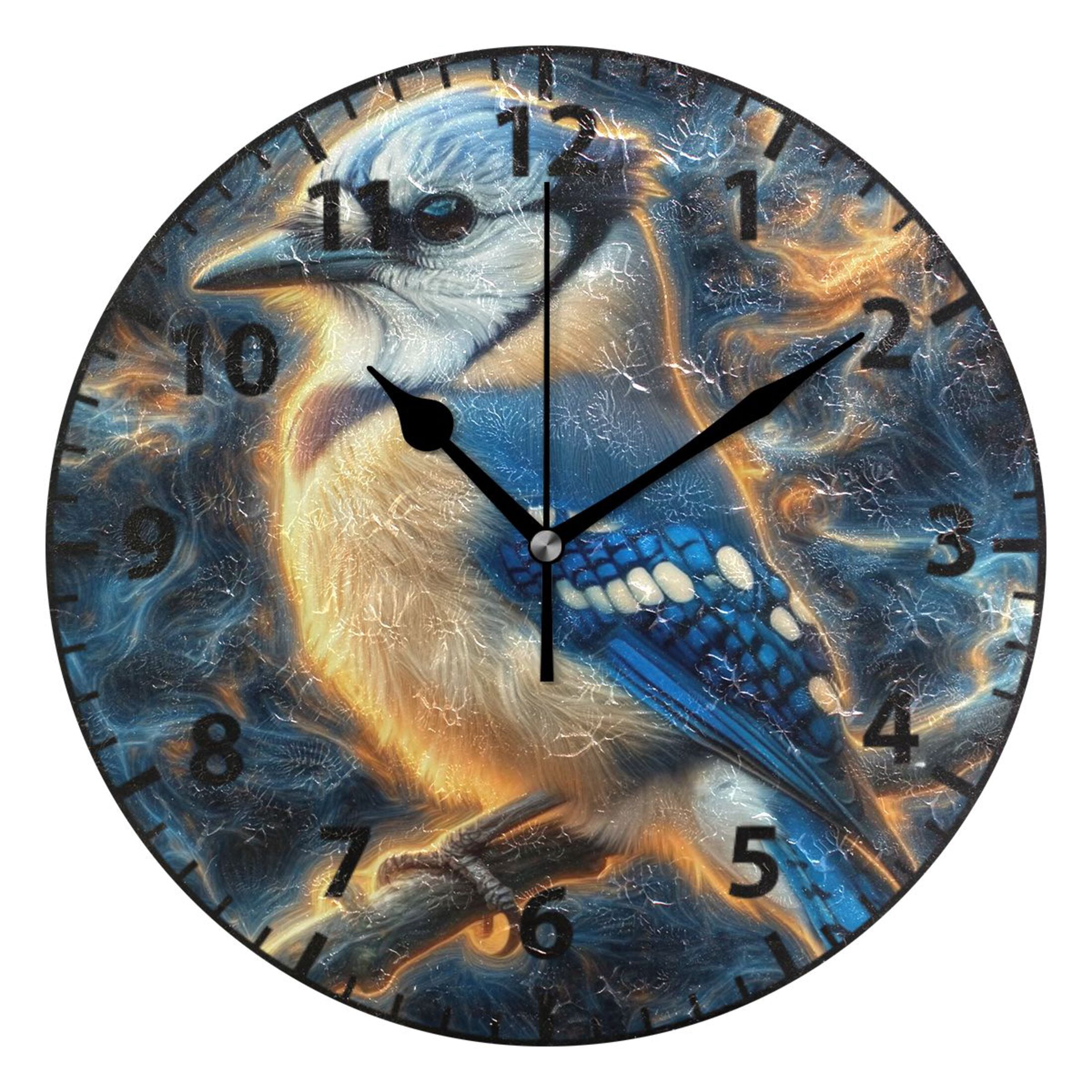 Glowing Blue Jay Wall Clock Modern Small Clock Gold Hands for Office ...