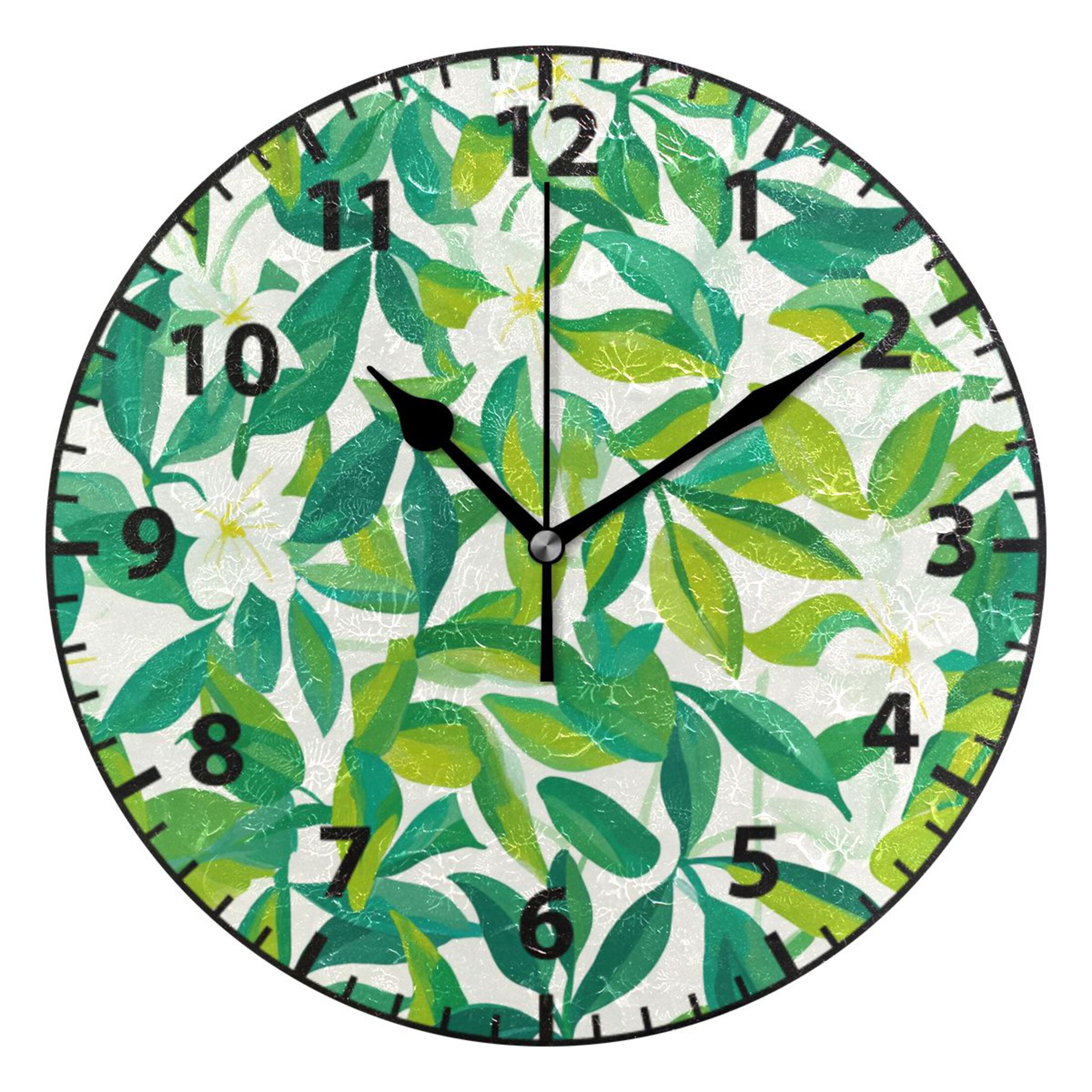 Green Leafy and Flowers Wall Clock Modern Small Clock Black Hands for ...