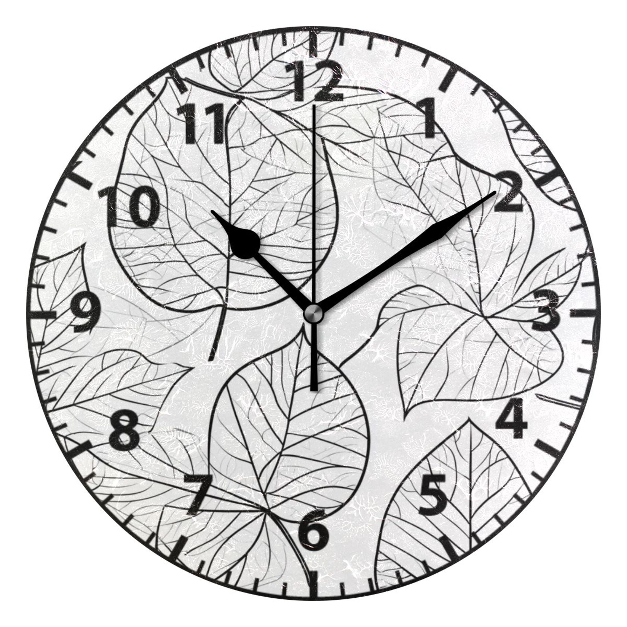 Hand Drawn Leaves Pattern Wall Clock Modern Small Clock Black Hands for Office, Home, Bedroom ...