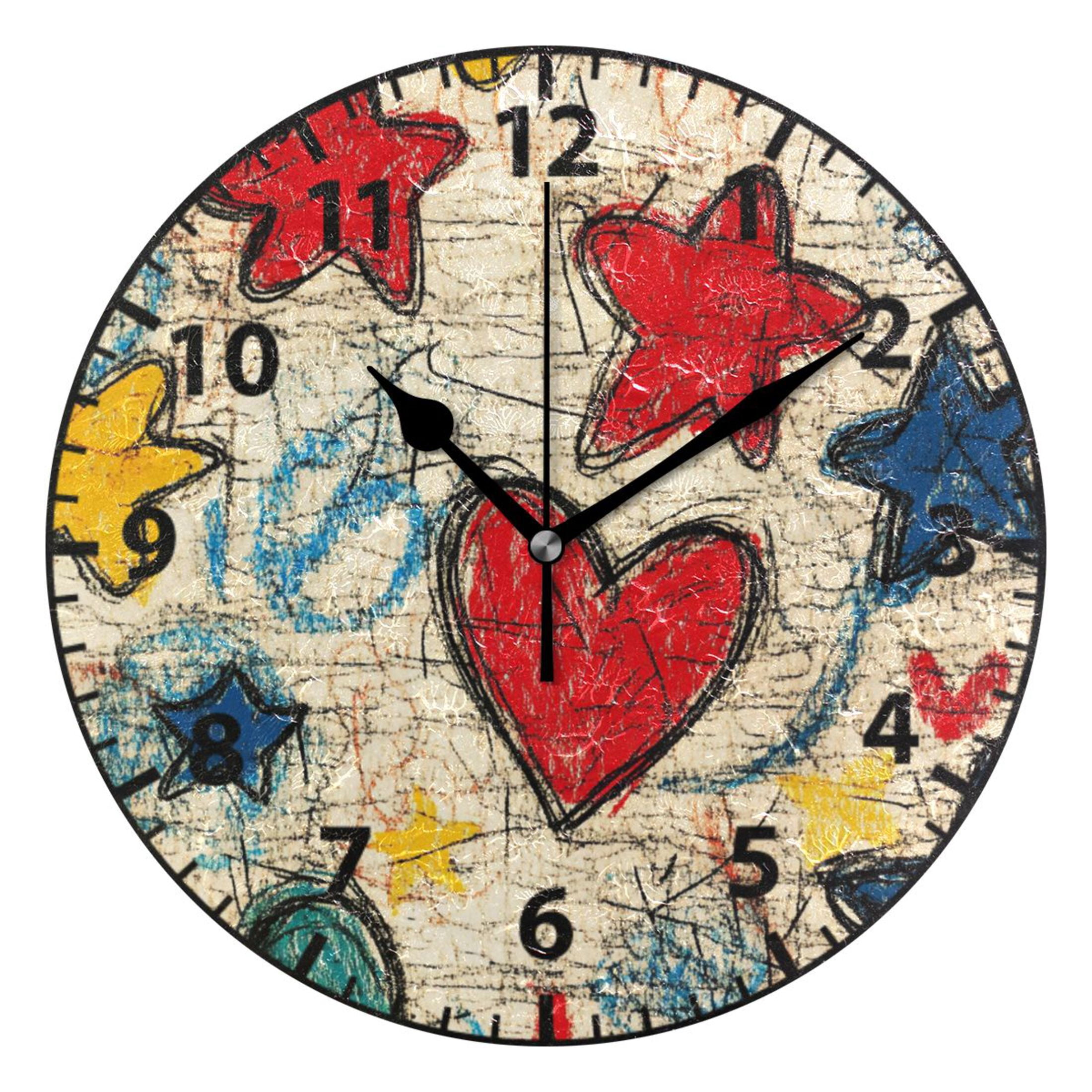 Hand Drawn Style Pattern Wall Clock Modern Small Clock Black Hands for ...