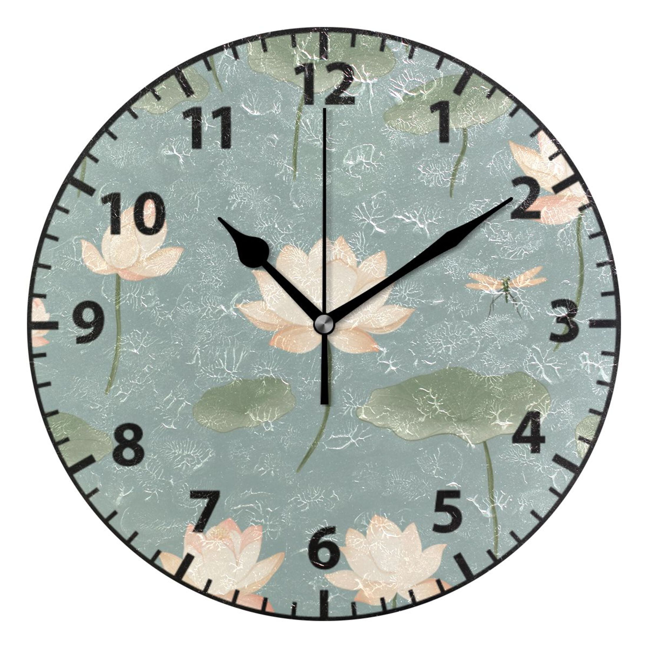 Lotus and Water Lily Pattern Wall Clock Modern Small Clock Black Hands ...