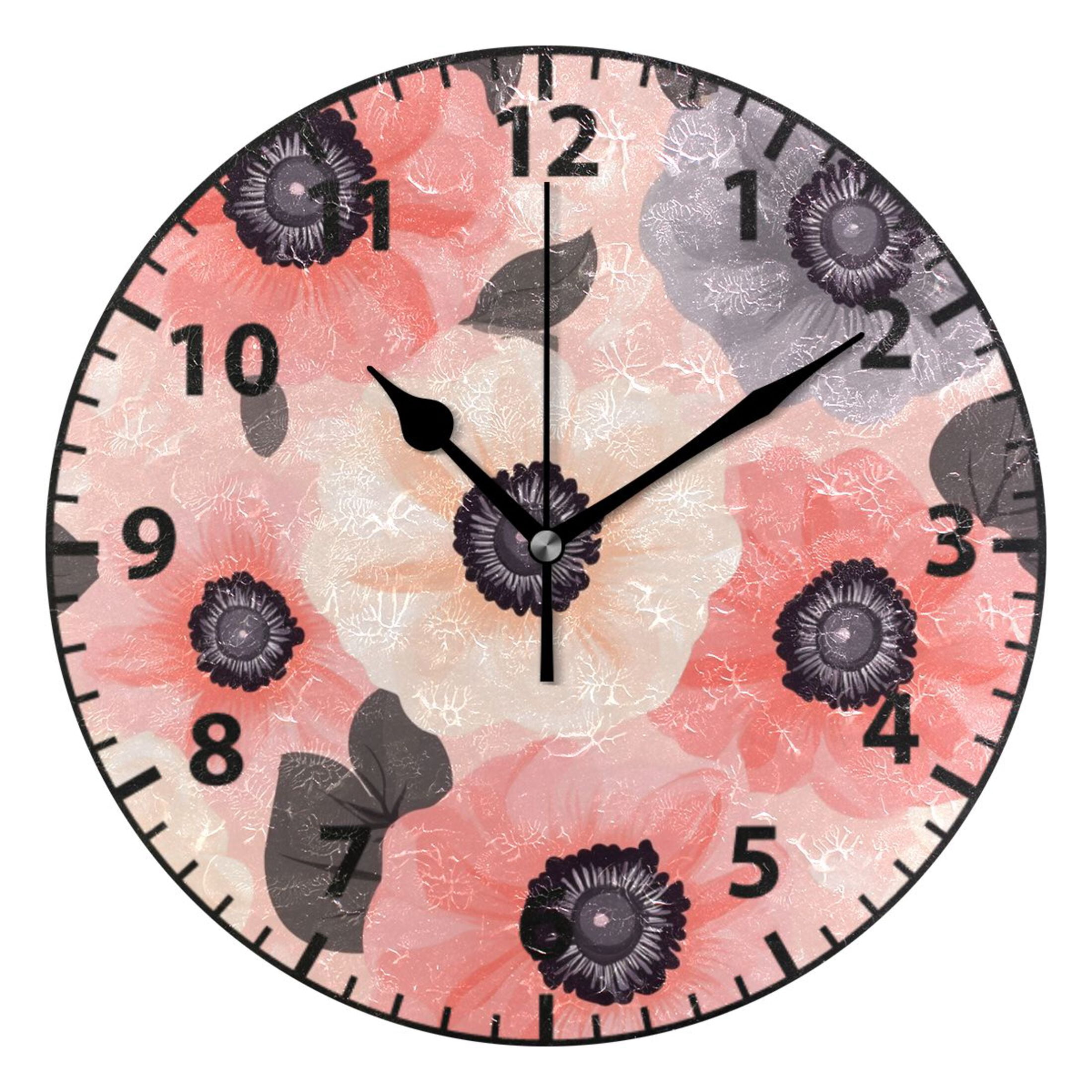 Monochrome Floral Design Wall Clock Modern Small Clock Black Hands for Office, Home, Bedroom ...