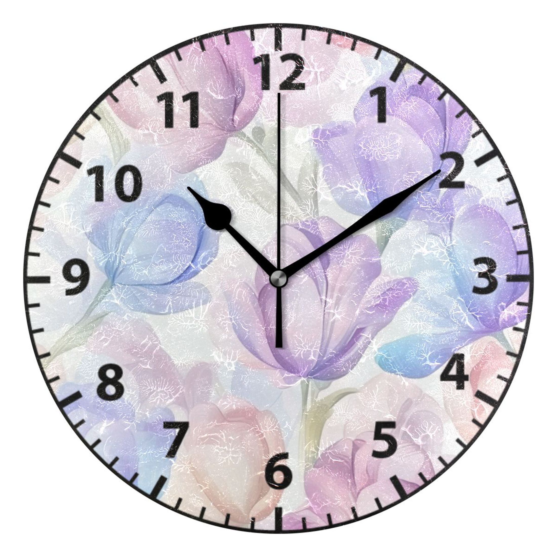 Pastel Tulip Pattern Wall Clock Modern Small Clock Black Hands for ...