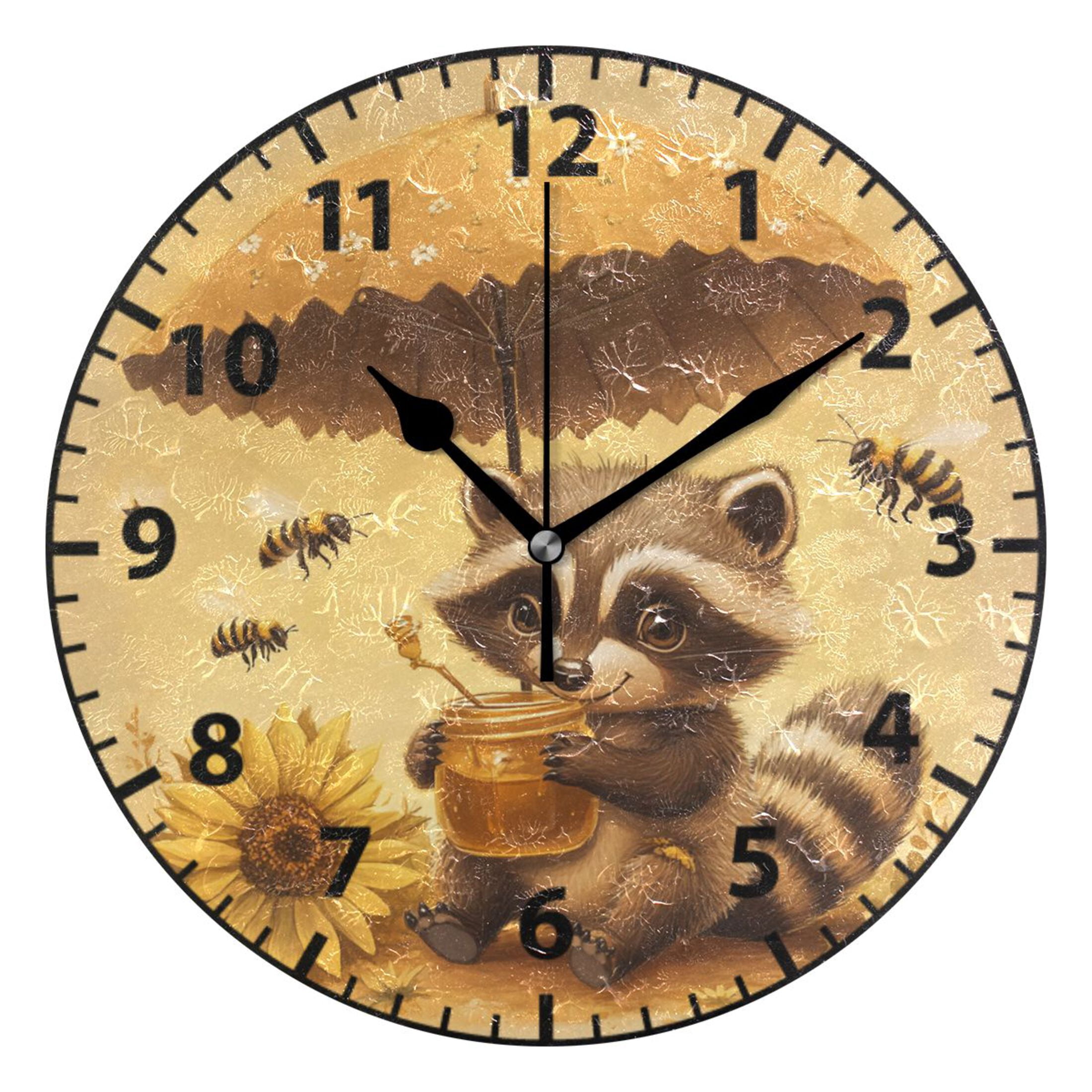 Raccoon and Bee Wall Clock Modern Small Clock Black Hands for Office ...