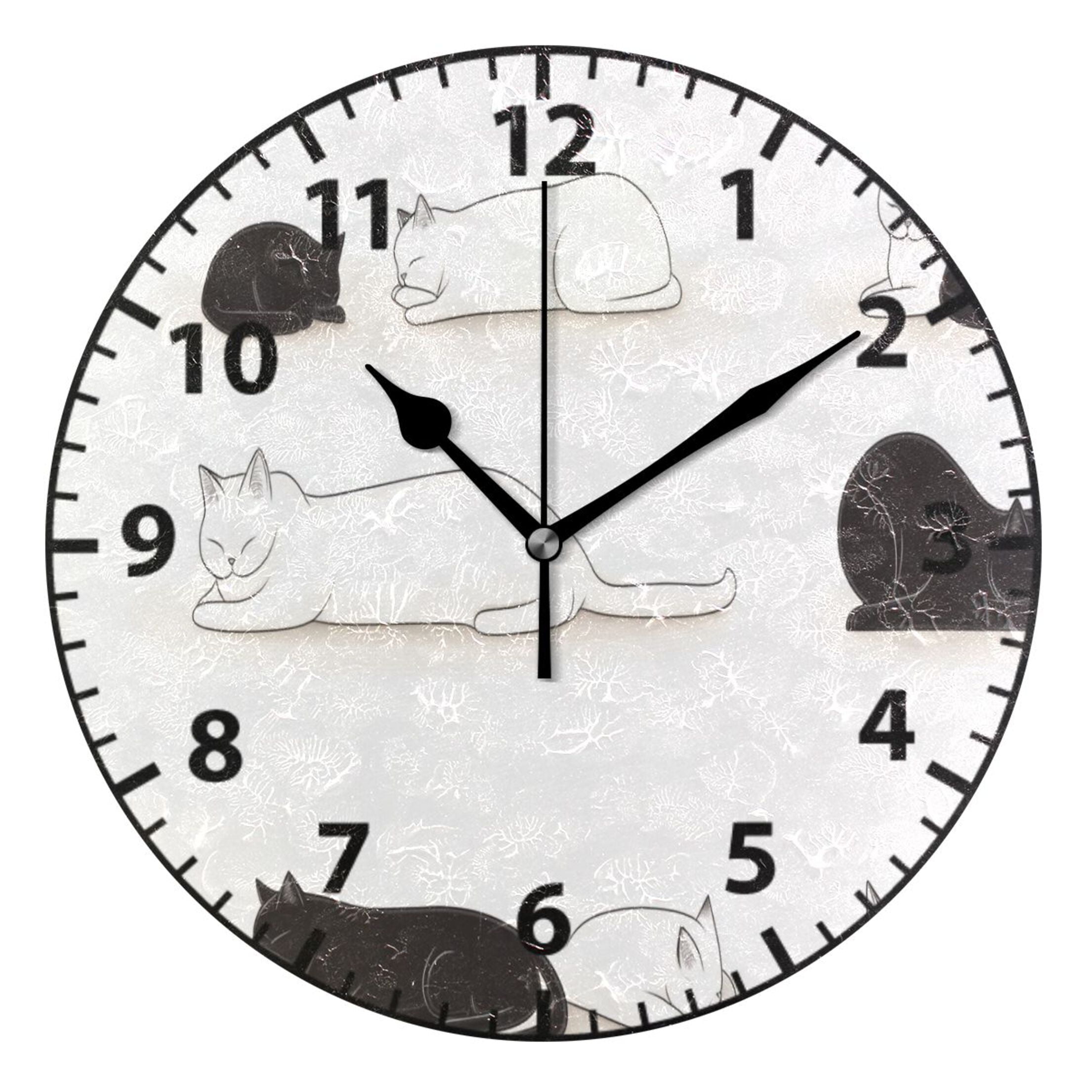 Sleeping Cats Pattern Wall Clock Modern Small Clock Black Hands for Office, Home, Bedroom,School ...