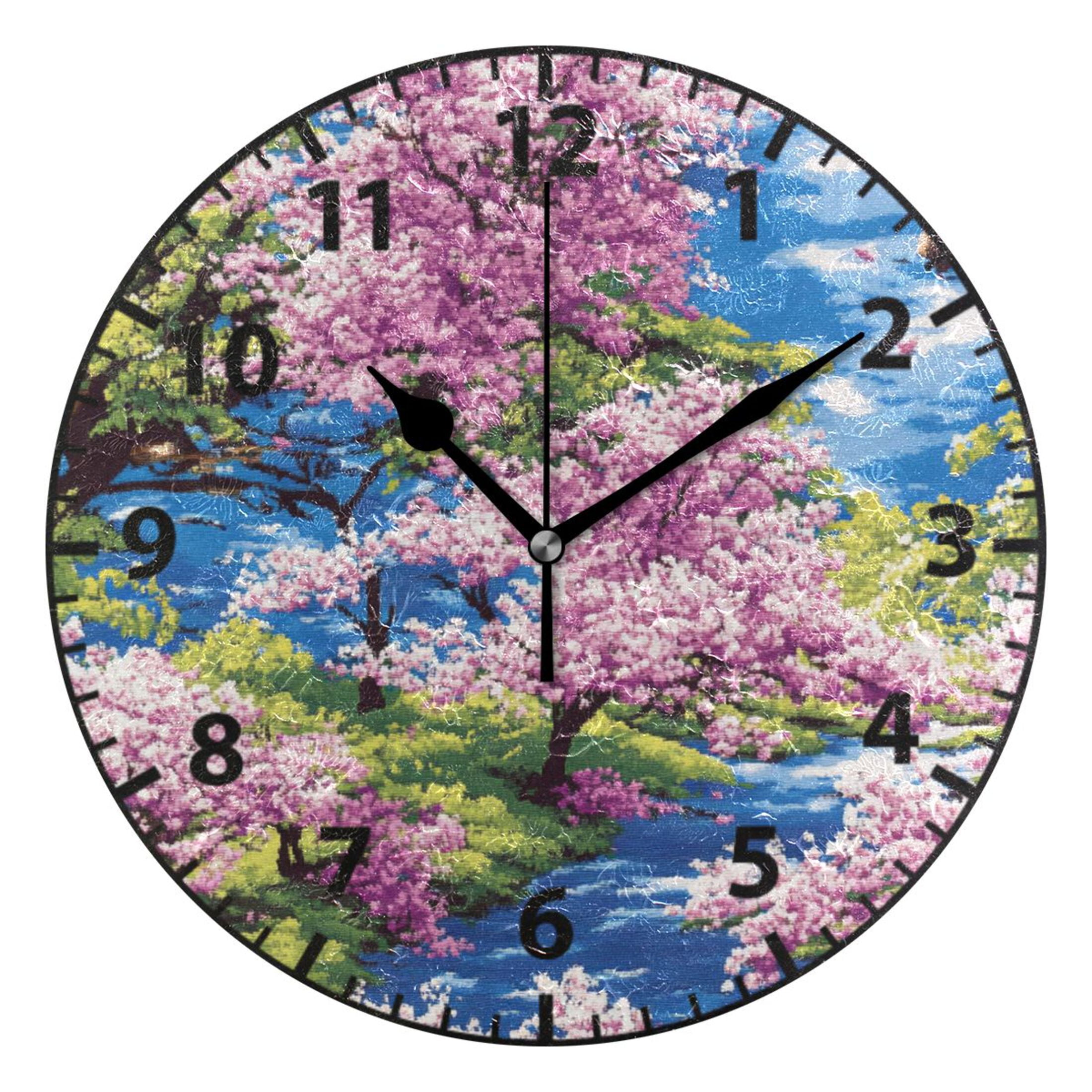 Spring Blossom River Scene Wall Clock Modern Small Clock Black Hands ...