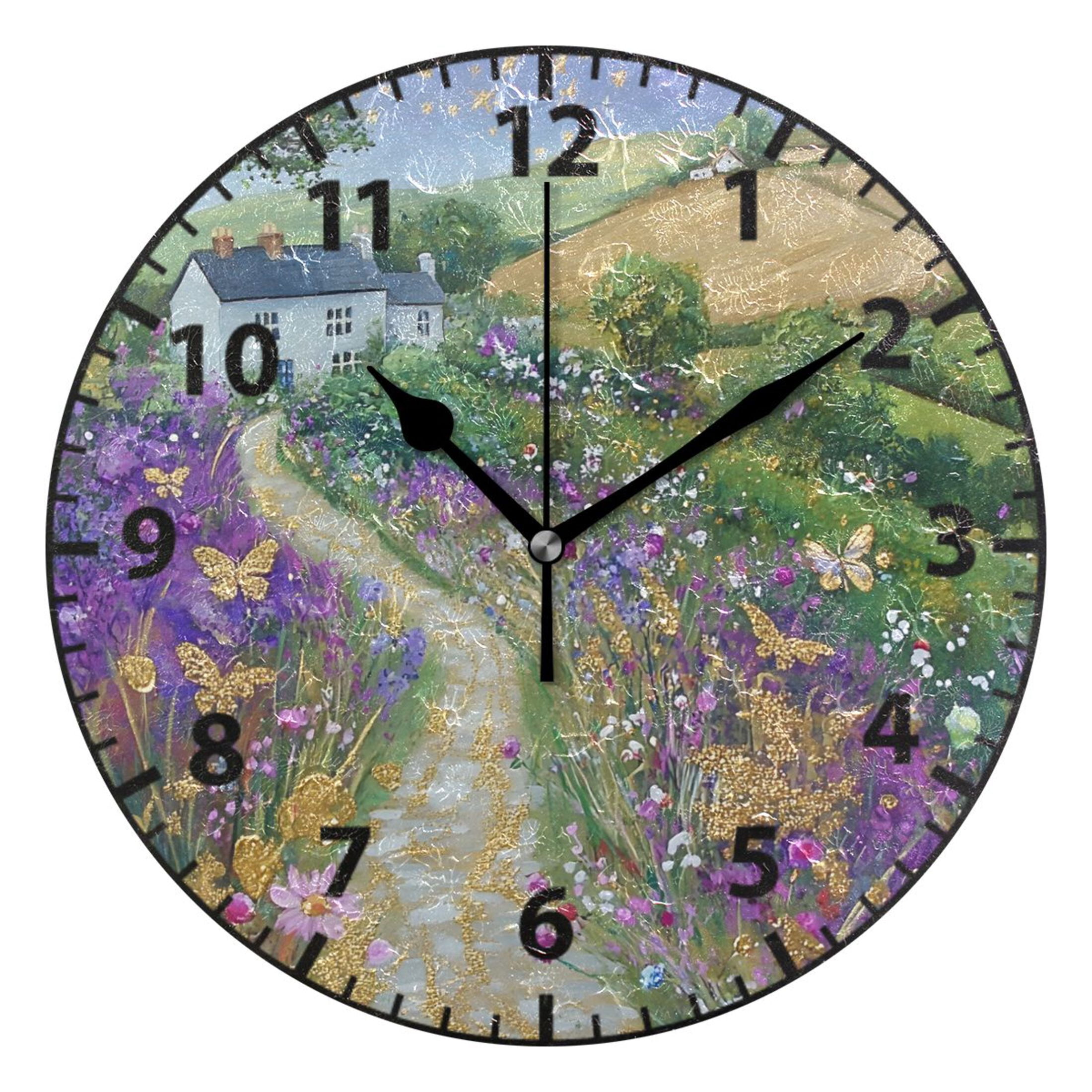 Village Scene Wall Clock Modern Small Clock Gold Hands for Office, Home ...
