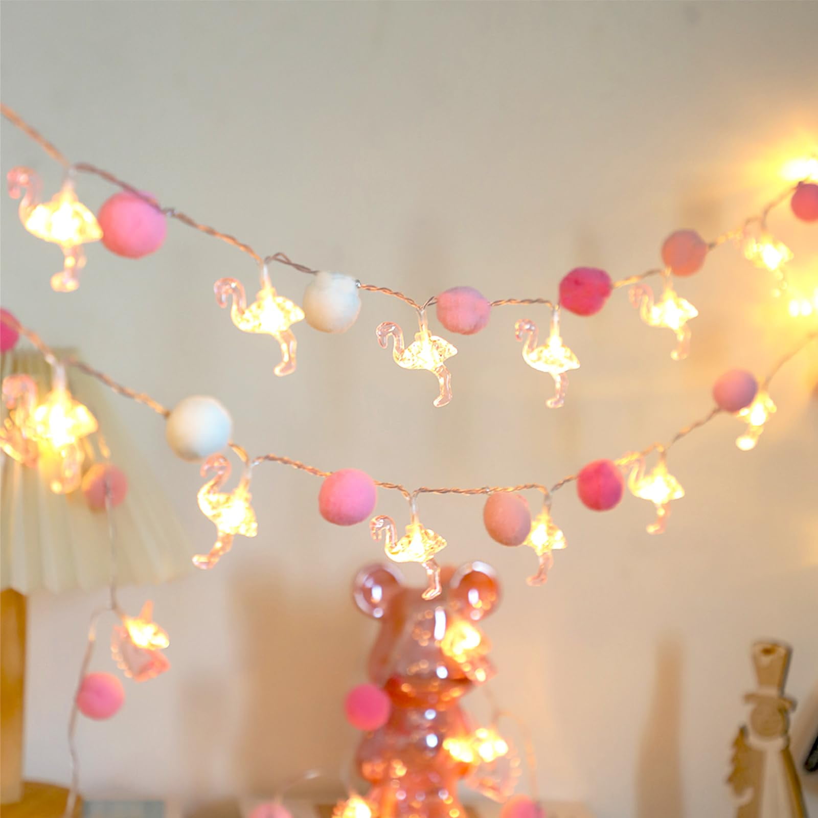 9.85FT Indoor String Lights 20 Pom Poms 20 Pink Flamingo LED Lights ...