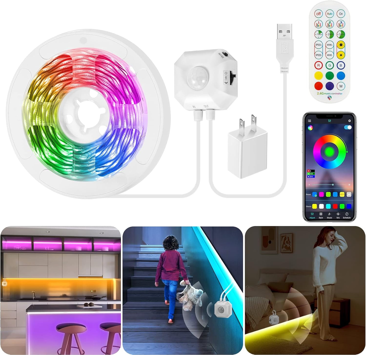 9.8Ft Strip Lights, Motion Sensor Under Bed Lights, Indoor Usage, , 3 ...