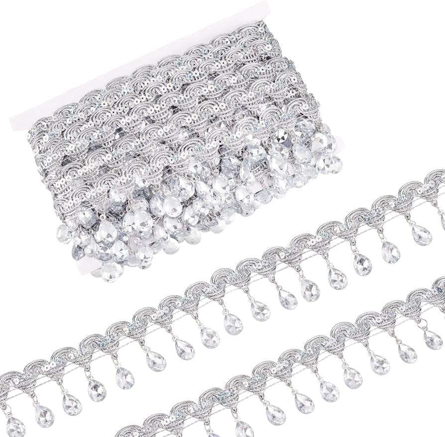 9.8Yard 48.5mm Silver Metallic Scroll Braid Trim with Sequins & Clear ...