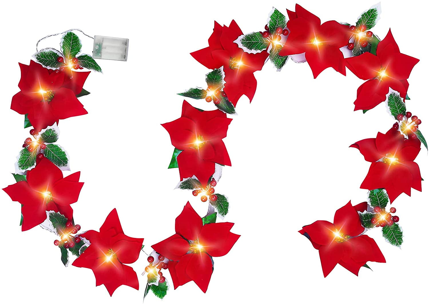 9.8ft Poinsettia Christmas Lights String with Red Berries and Holly ...