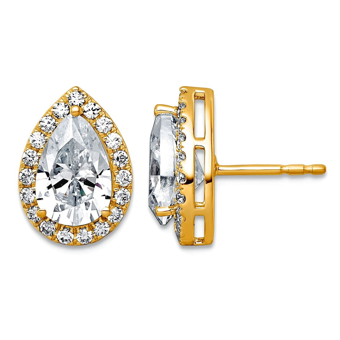 14k Solid Yellow Gold 3 1/2ct Lab Grown Diamond VS+ F+ Pear Halo Post ...