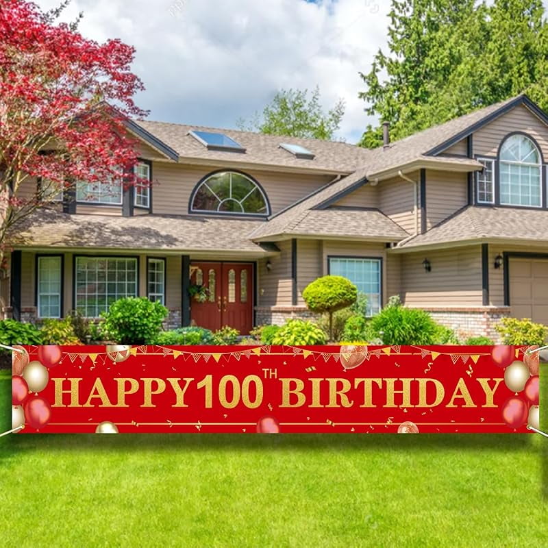9.8x1.6FT Red Gold Happy 100th Birthday Yard Banner,Red Birthday ...