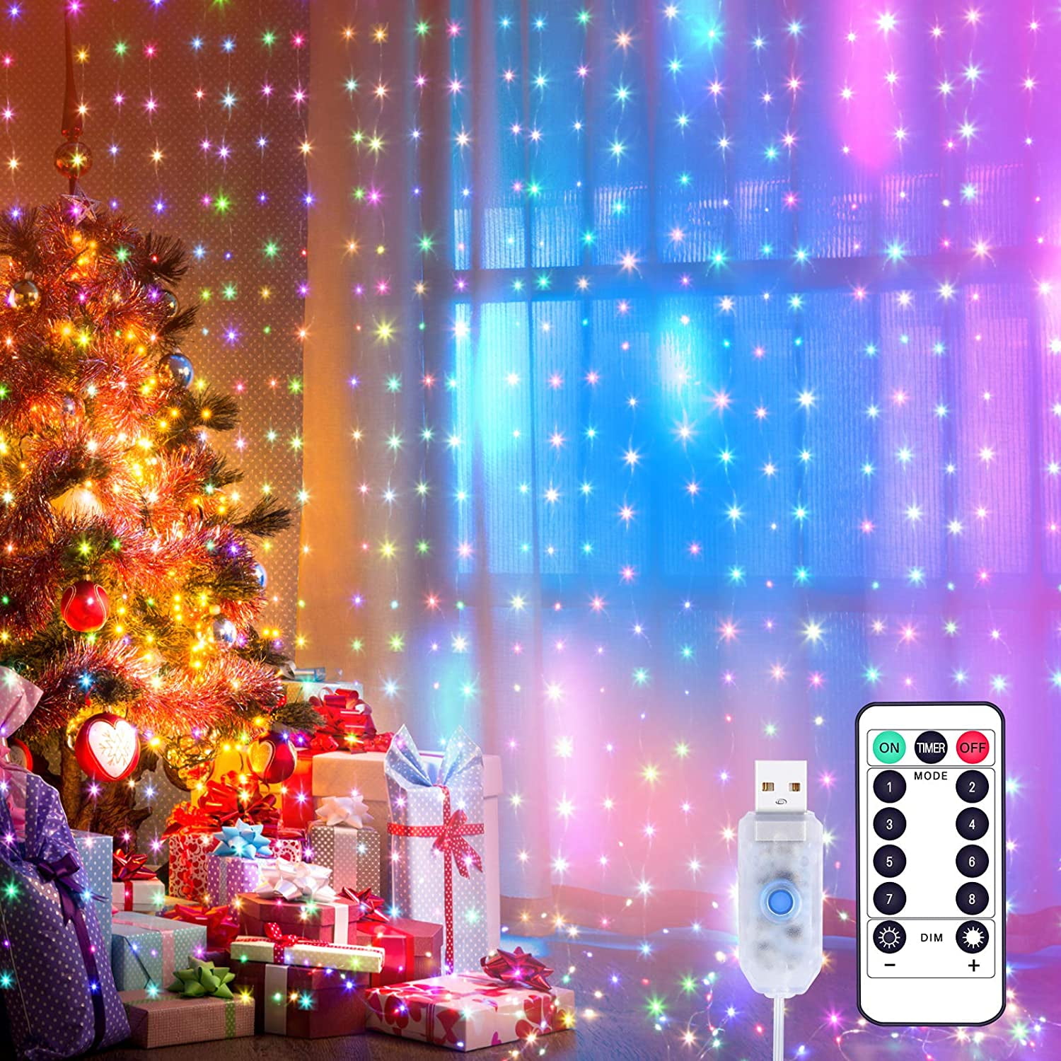 9.9ft x 9.9ft Curtain Fairy Lights, 300 LED USB Powered Window String ...