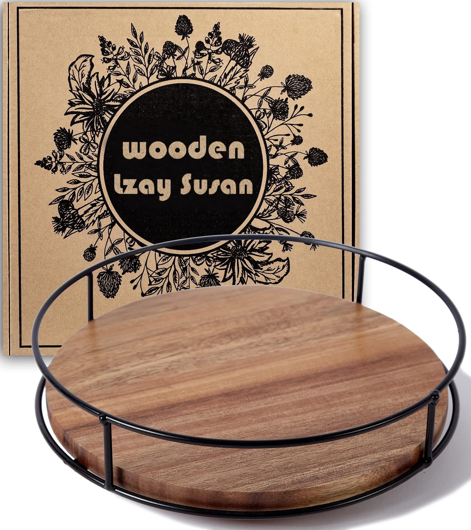 9" Acacia Wood Lazy Susan Turntable, Tomoaza Kitchen Organizer ...