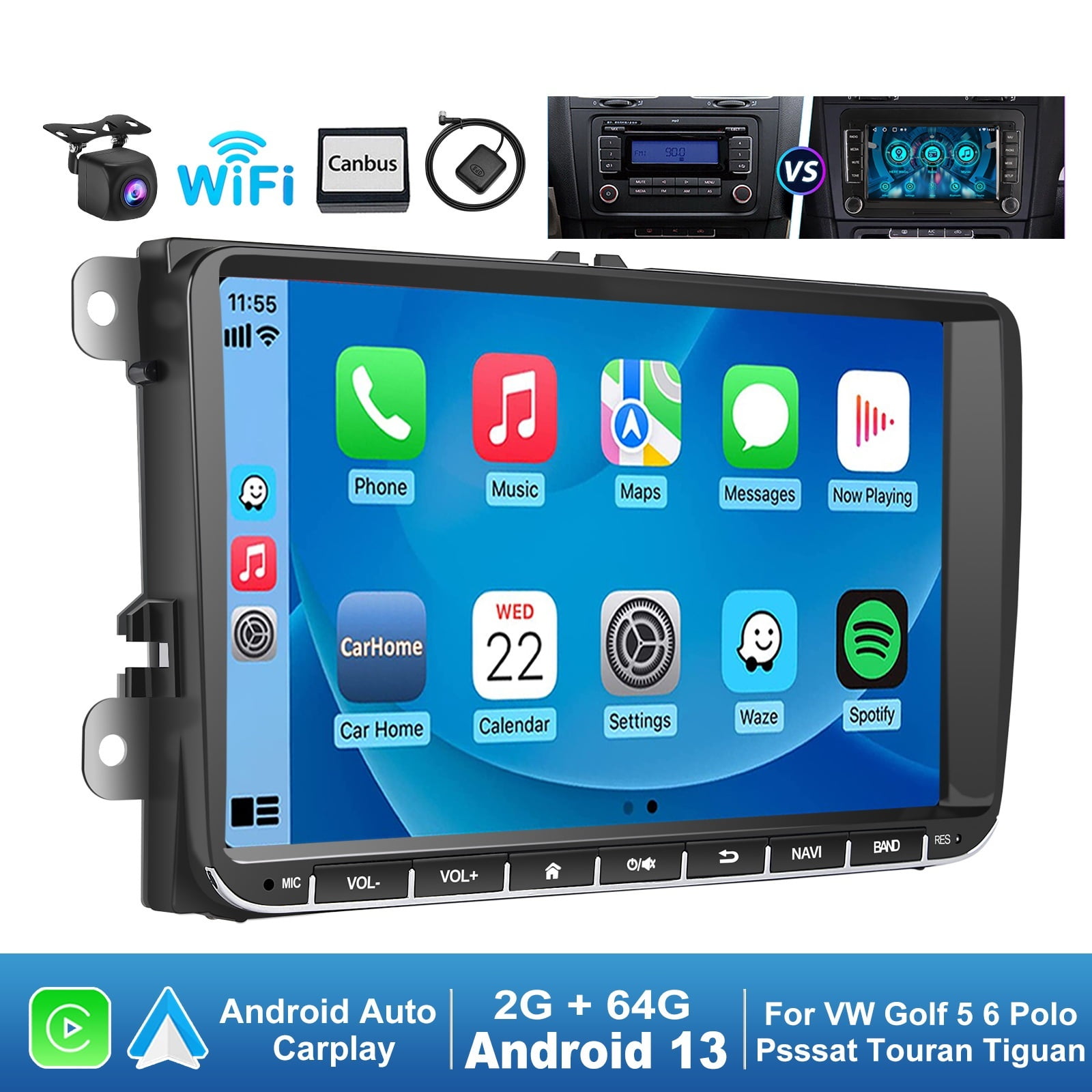 9" Android 14 4+64G CarPlay Car Stereo Radio for VW Golf 5 6 Passat B6 B7 Polo Touran Tiguan ...