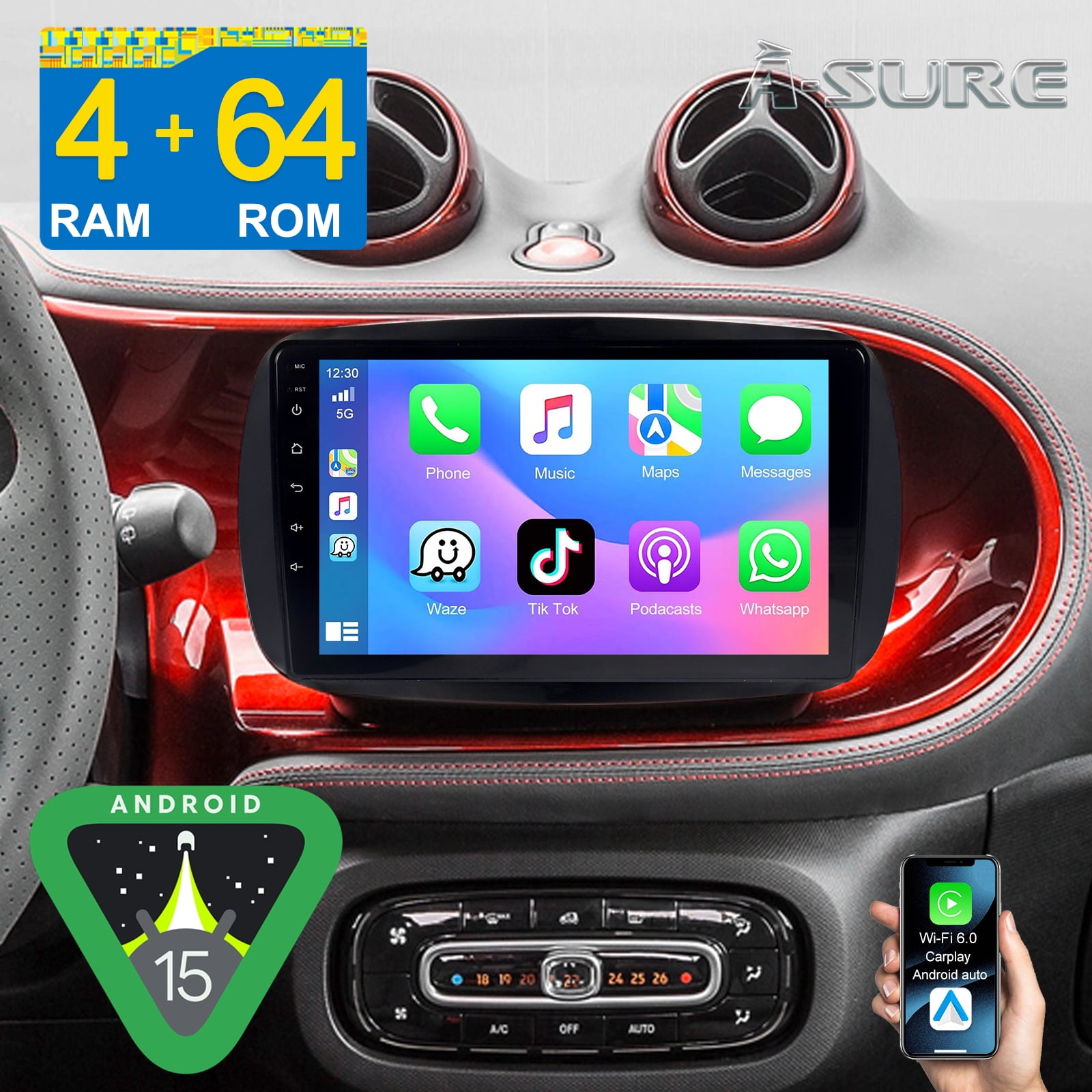 9" Android 15 4+64GB Car Stereo Radio for Smart Fortwo III Forfour 2014 ...